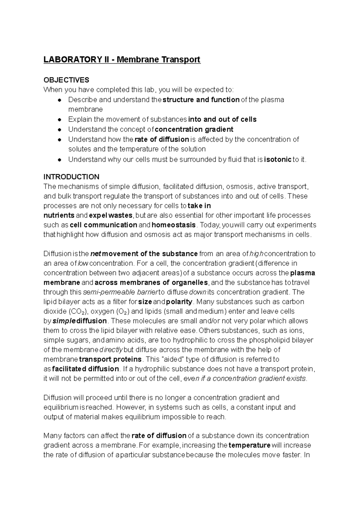 Lab 2 Membrane Transport - 101-BXD-05 - Studocu