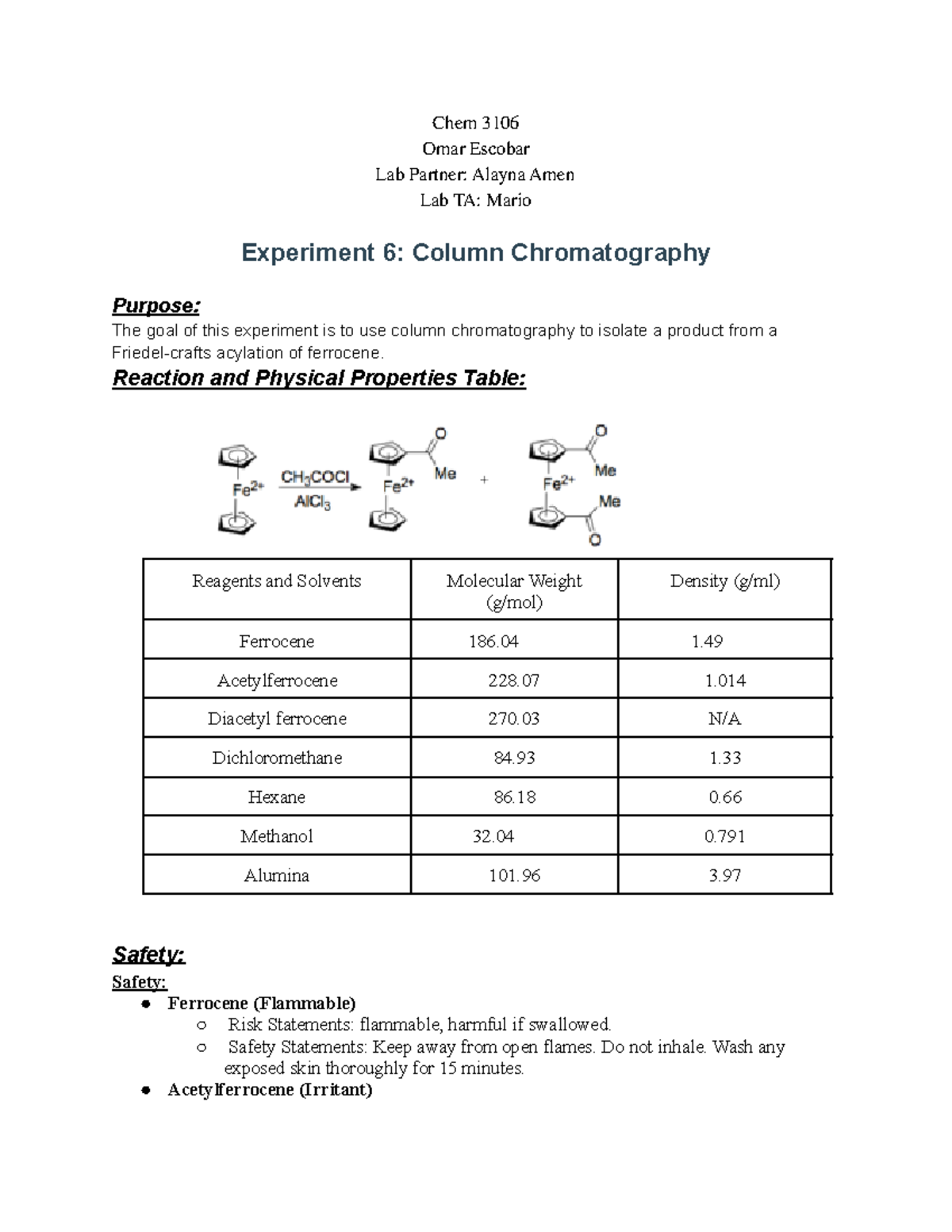 Post Lab 6 - report lab - Chem 3106 Omar Escobar Lab Partner: Alayna ...