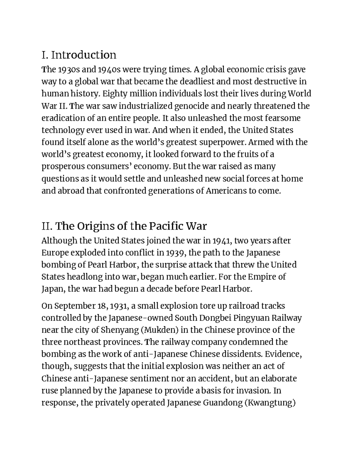 WWII - Notes - I. Introduction The 1930s and 1940s were trying times. A ...