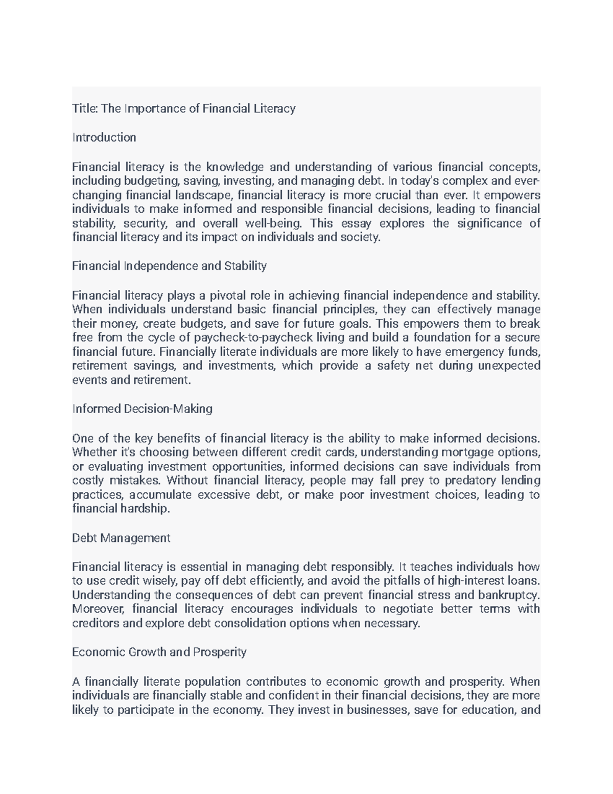 Financial literacy - Title: The Importance of Financial Literacy ...