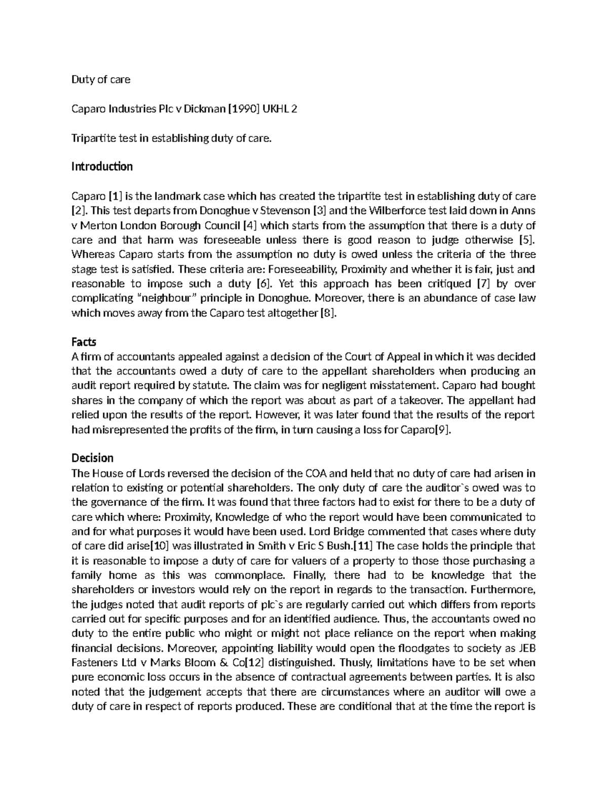 Duty of care - Notes on Duty of Care - Duty of care Caparo Industries ...
