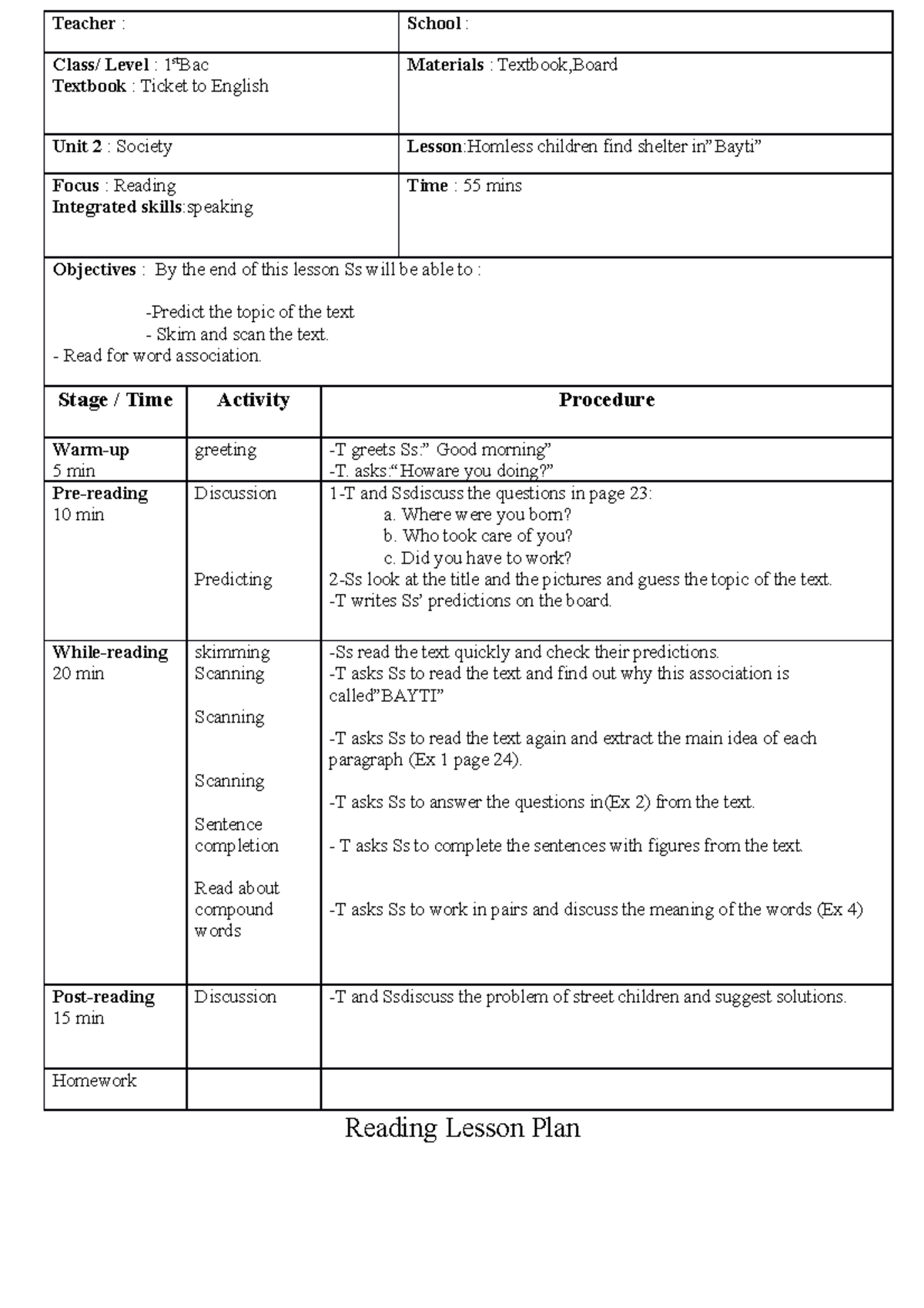 Lesson Plan-Reading homless children find shelter in Bayti - Teacher : School : Class/ Level ...