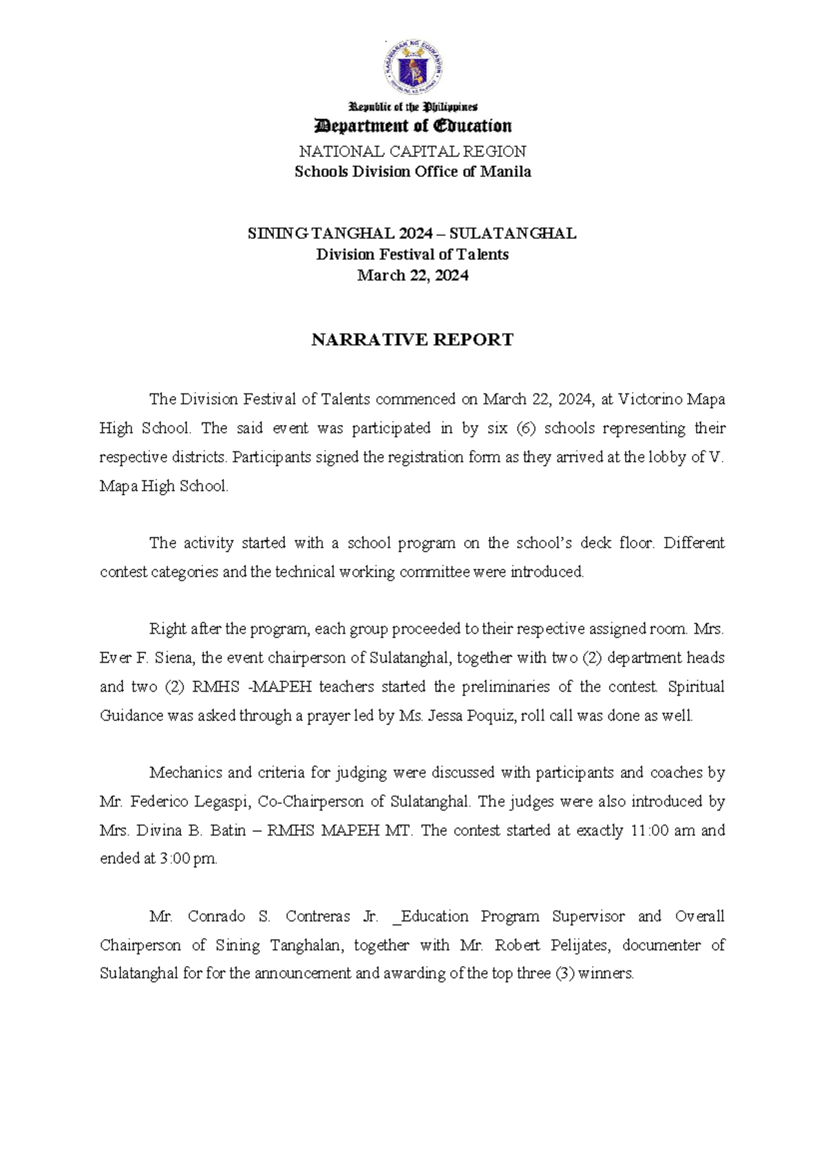 Narrative Report Sulatanghal 2024 - NATIONAL CAPITAL REGION Schools ...