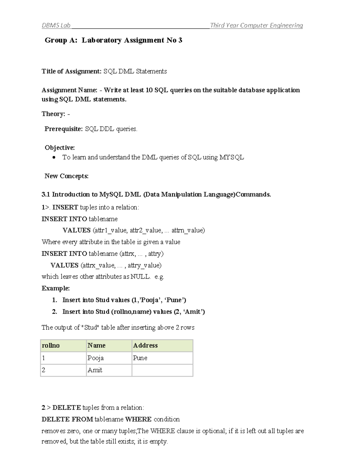 Database Management Lab Manual Assignemnt 03 - Group A: Laboratory Assignment No 3 Title of ...