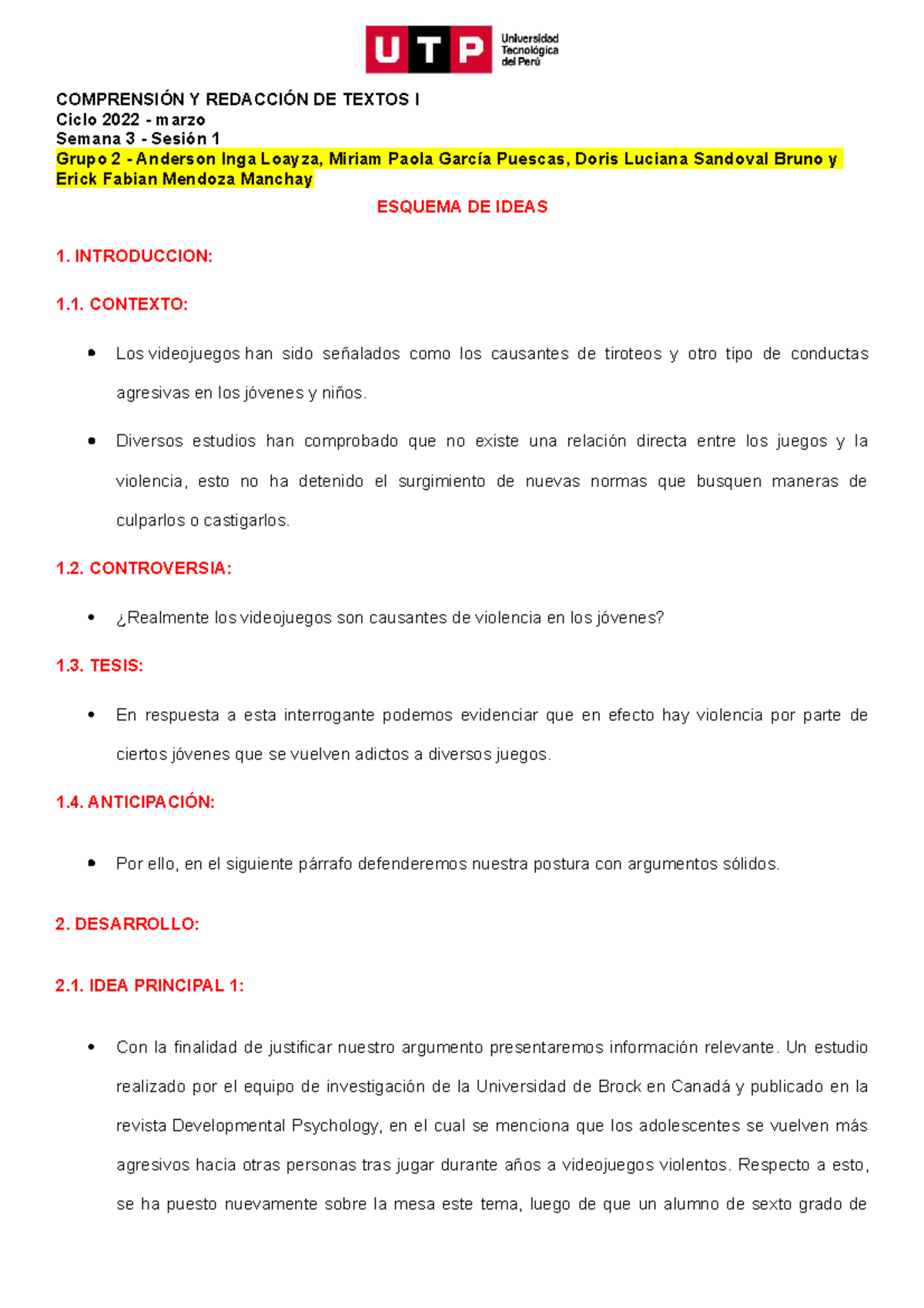 Esquema DE Ideas + Texto Argumentativo - COMPRENSIÓN Y REDACCIÓN DE ...