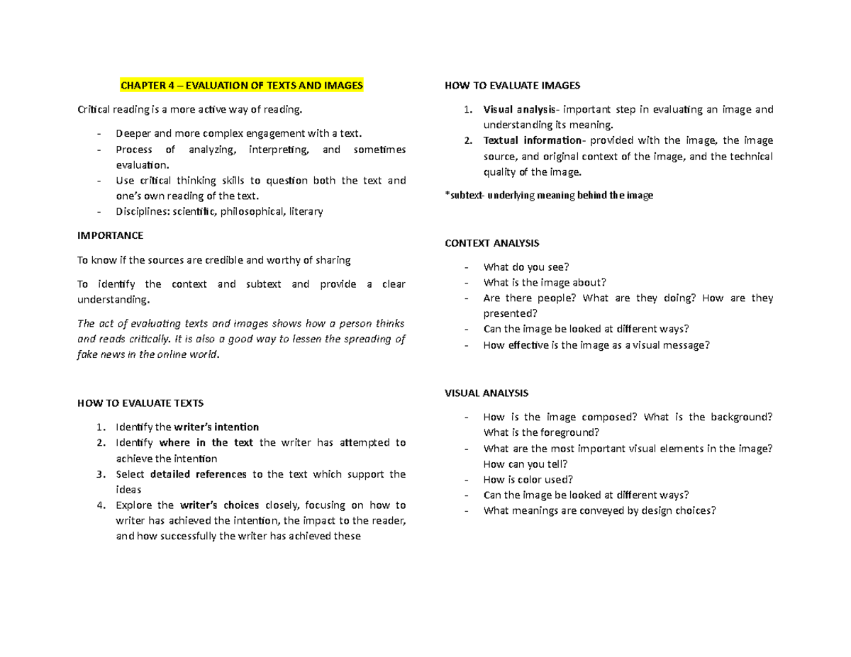 Chapter 4 - Evaluation OF Texts AND Images - CHAPTER 4 – EVALUATION OF TEXTS AND IMAGES Critical ...