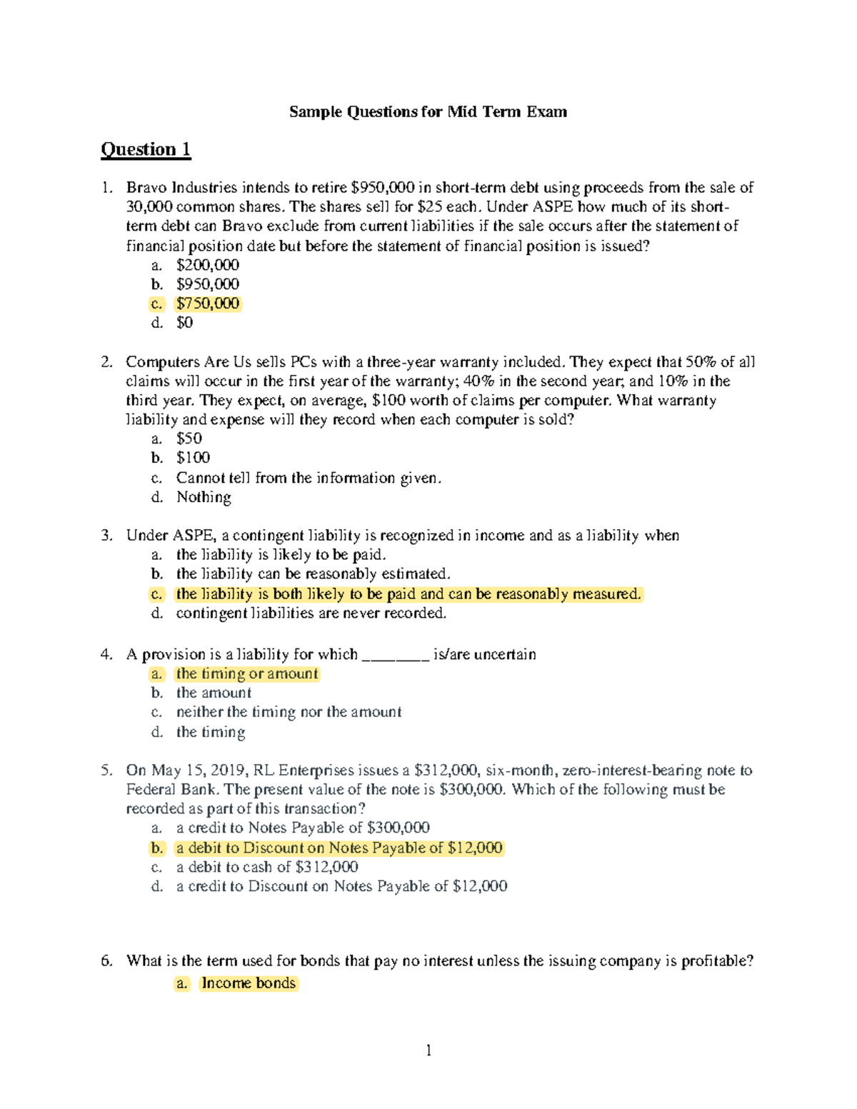 Sample Questions Mid Term Exam - Sample Questions for Mid Term Exam Question 1 Bravo Industries ...