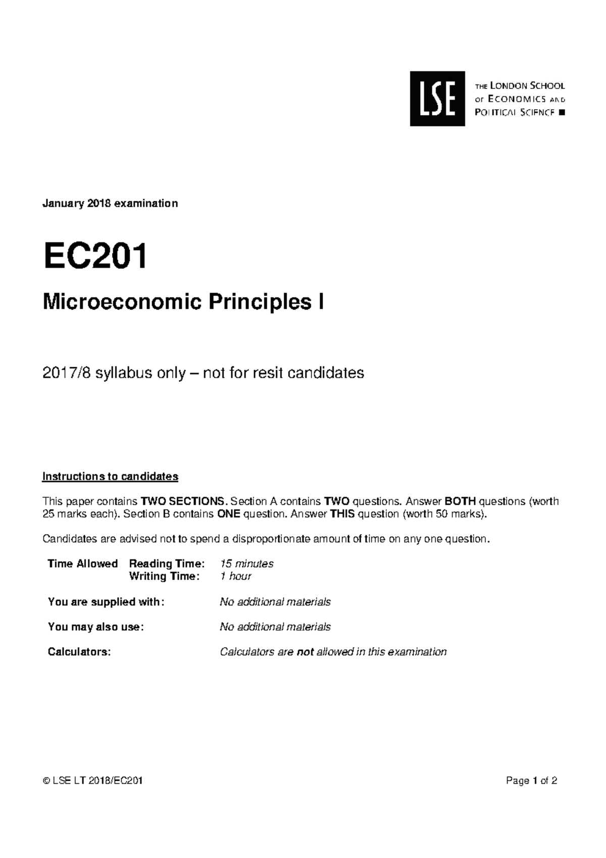 EC201 - 2018 Exam Paper - LSE LT 2018/EC201 Page 1 of 2 January 2018 ...