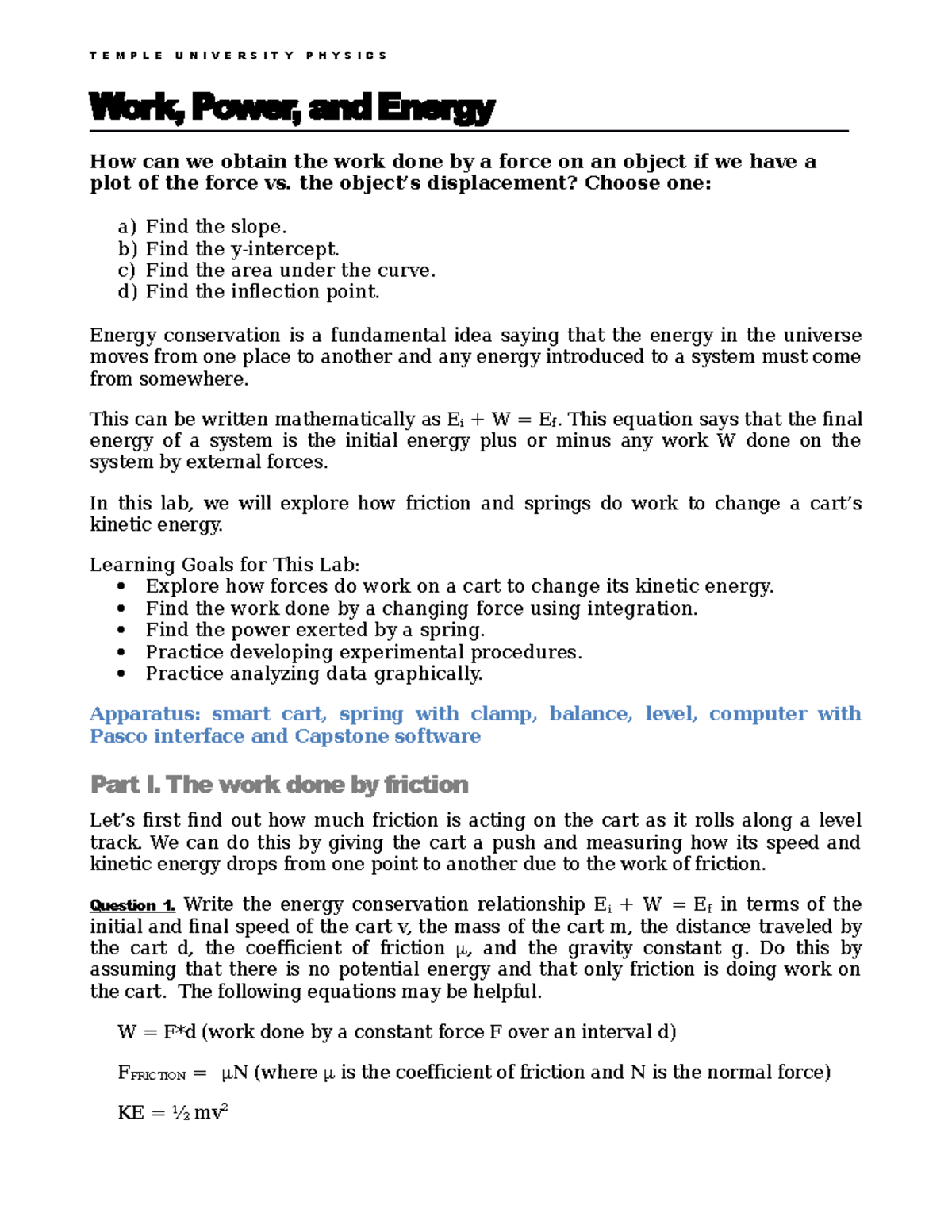 Work, Power, and Energy - T E M P L E U N I V E R S I T Y P H Y S I C S ...