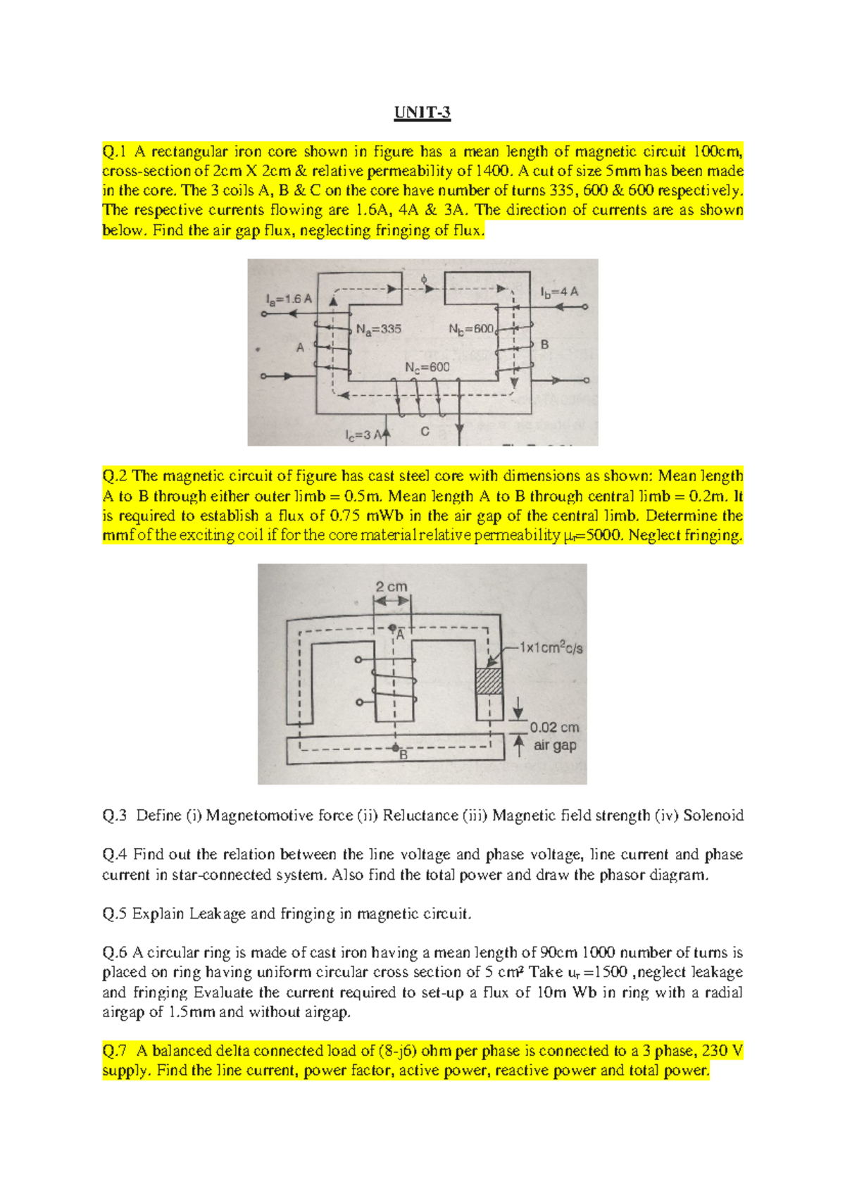 Unit 3_Assignemt_Ployphase circuit_magnetic circuit - UNIT- Q A rectangular iron core shown in ...
