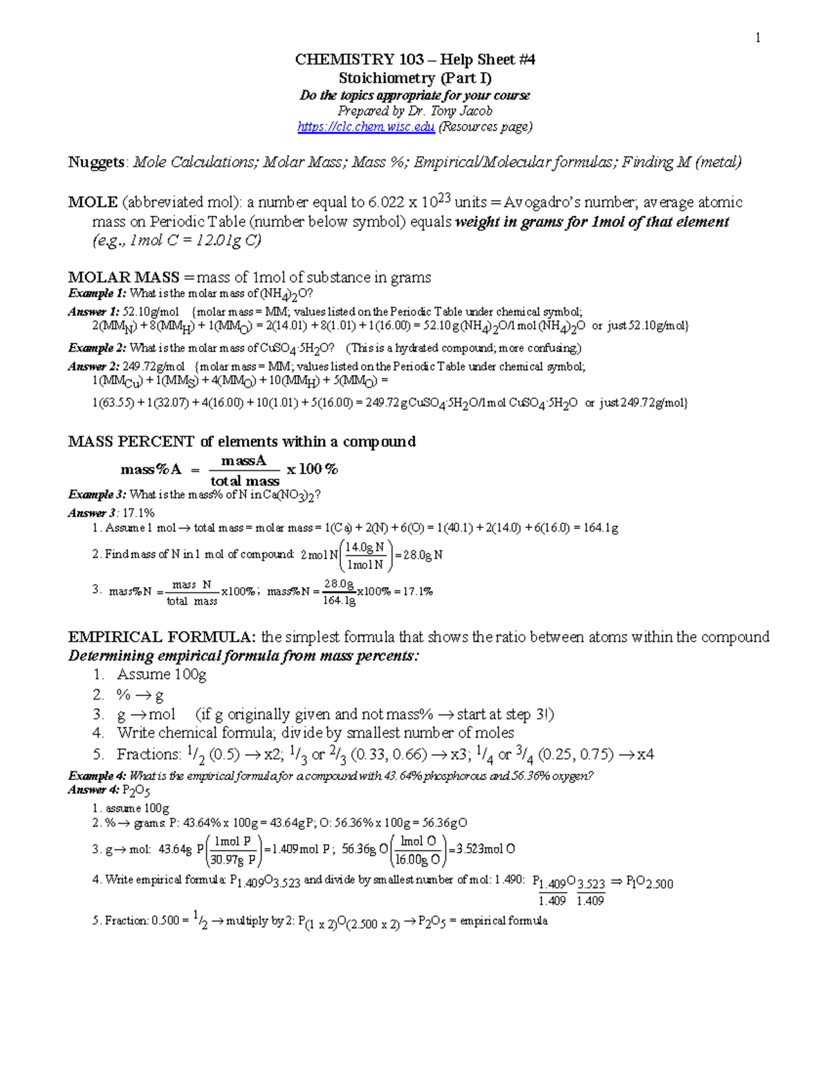 Chemistry 103 Help Sheet Stoichiometry - Studocu