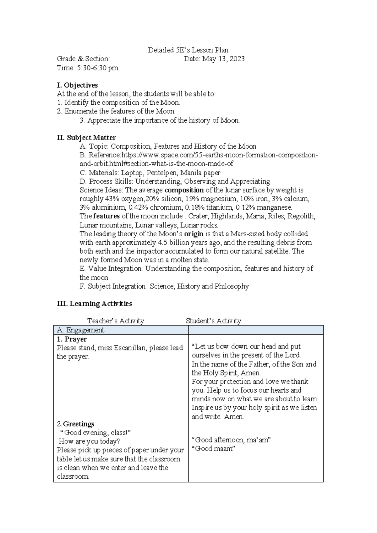 Denden lesson plan astronomy - Detailed 5E’s Lesson Plan Grade ...