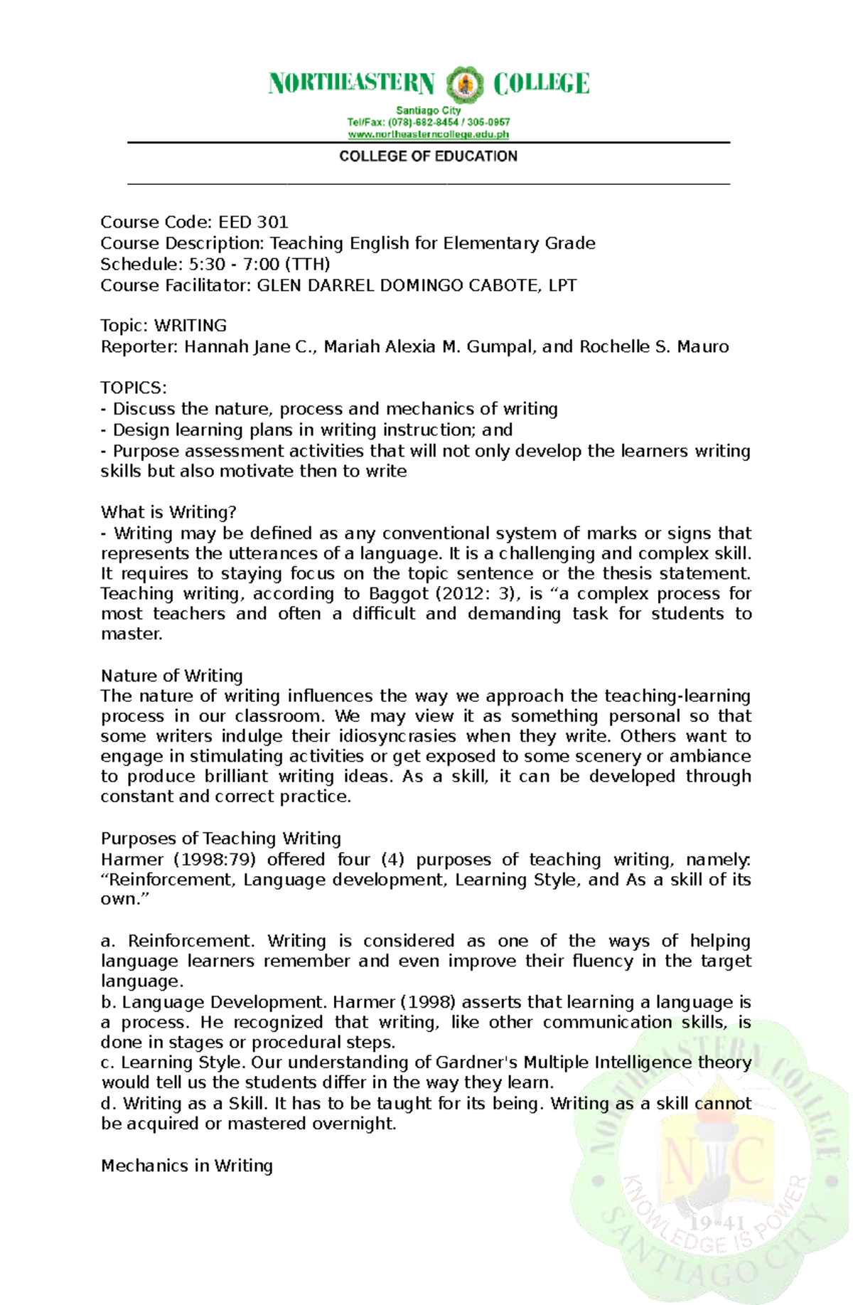 TOR-in- Writing - Course Code: EED 301 Course Description: Teaching ...