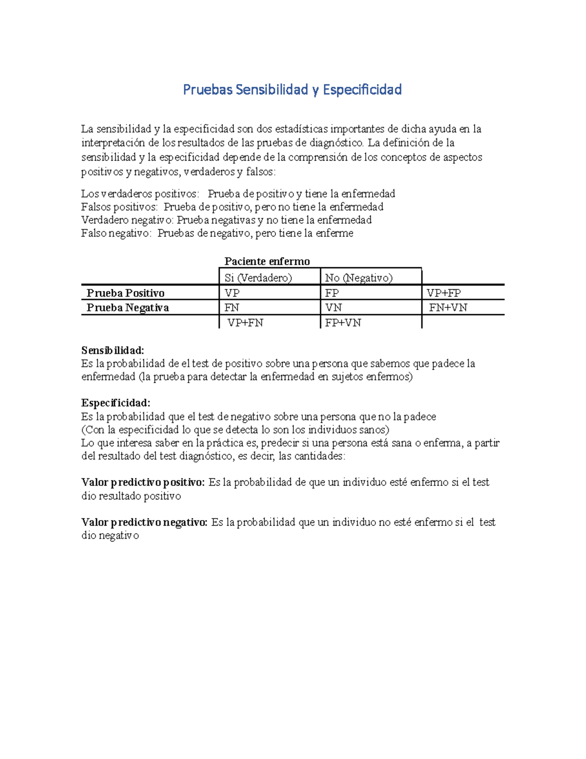 Pruebas Sensibilidad y Especificidad - La definición de la sensibilidad ...