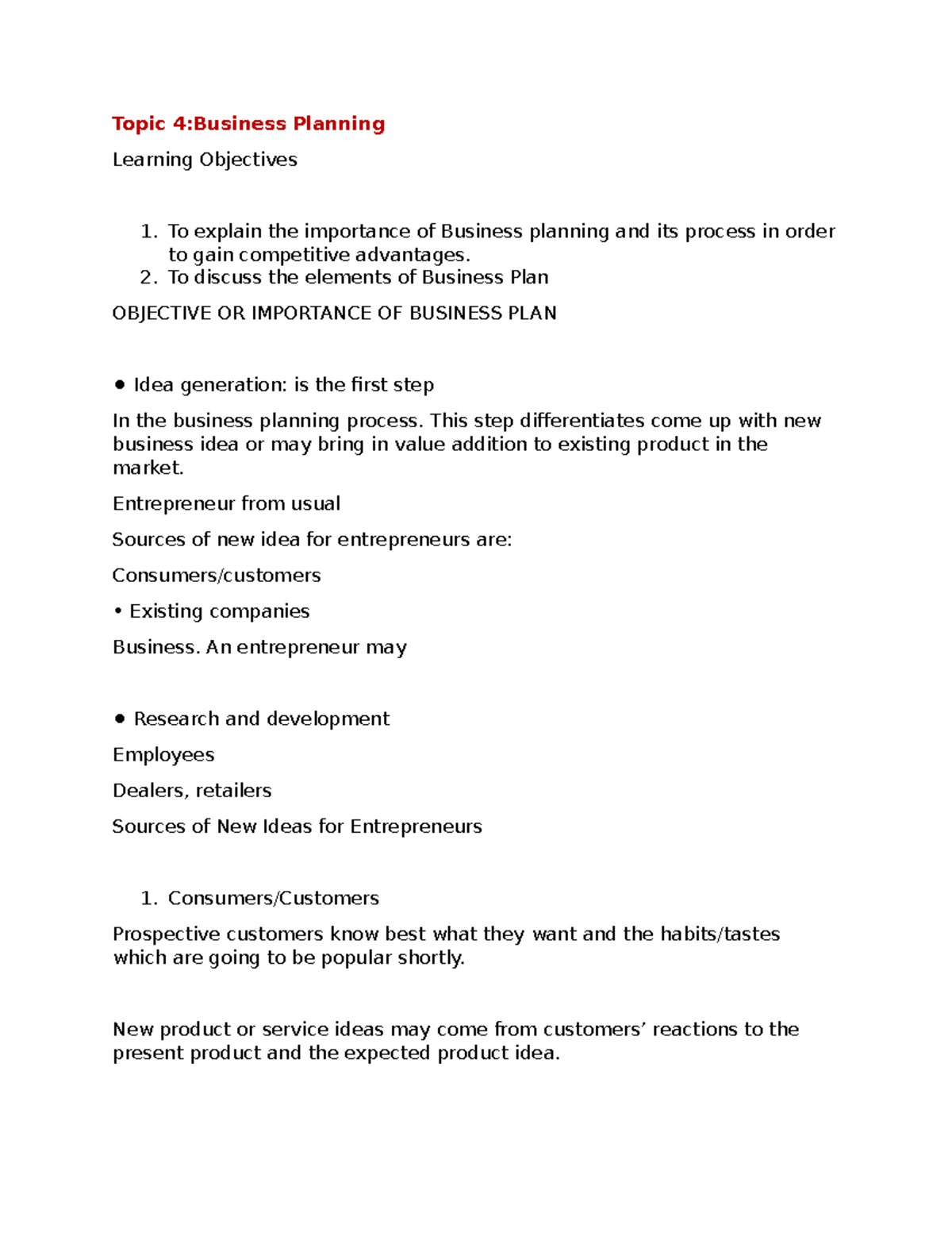 Entrepreneurship-Planning - Topic 4:Business Planning Learning ...