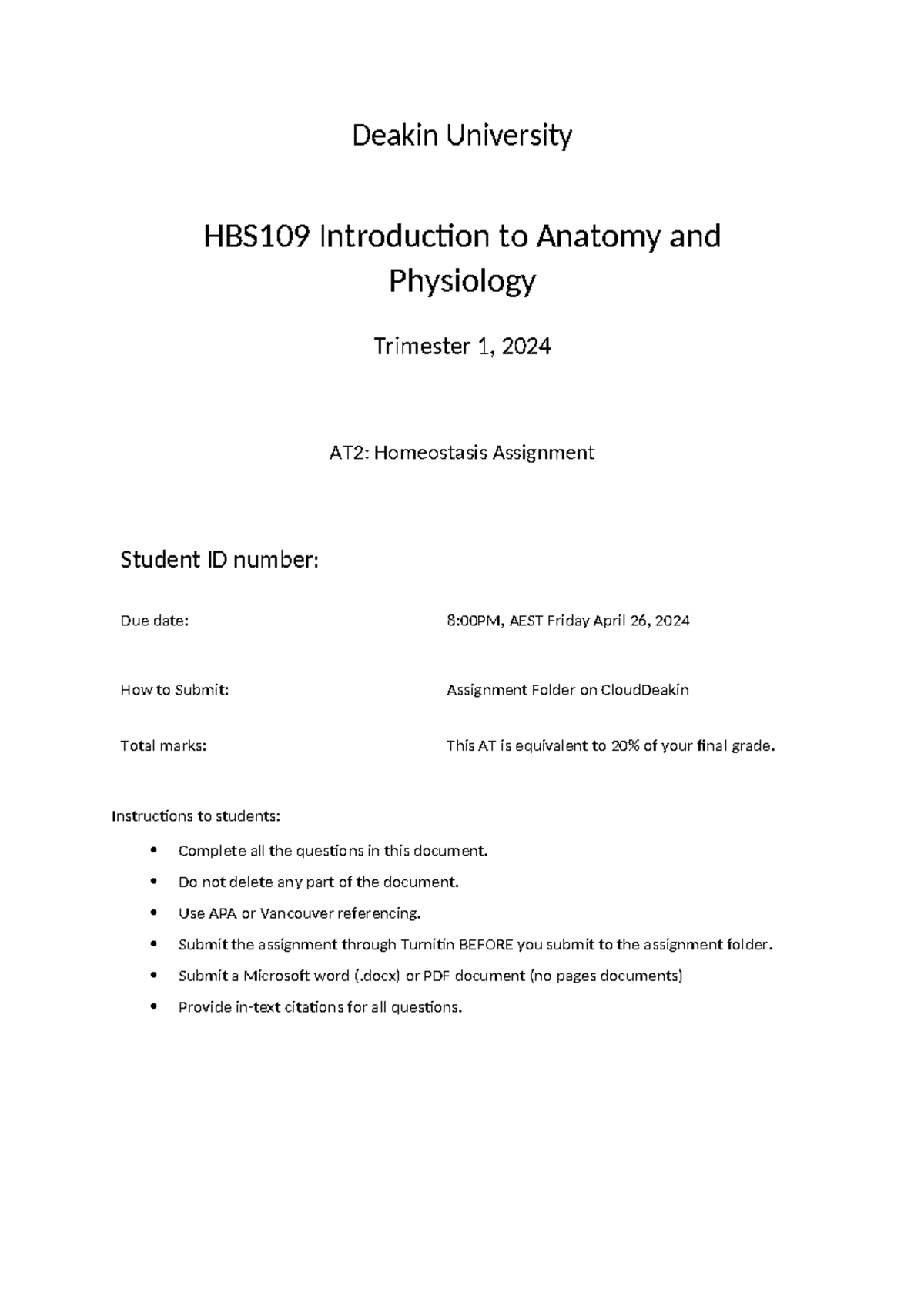 AT2 Template 2 - Deakin University HBS109 Introduction to Anatomy and ...
