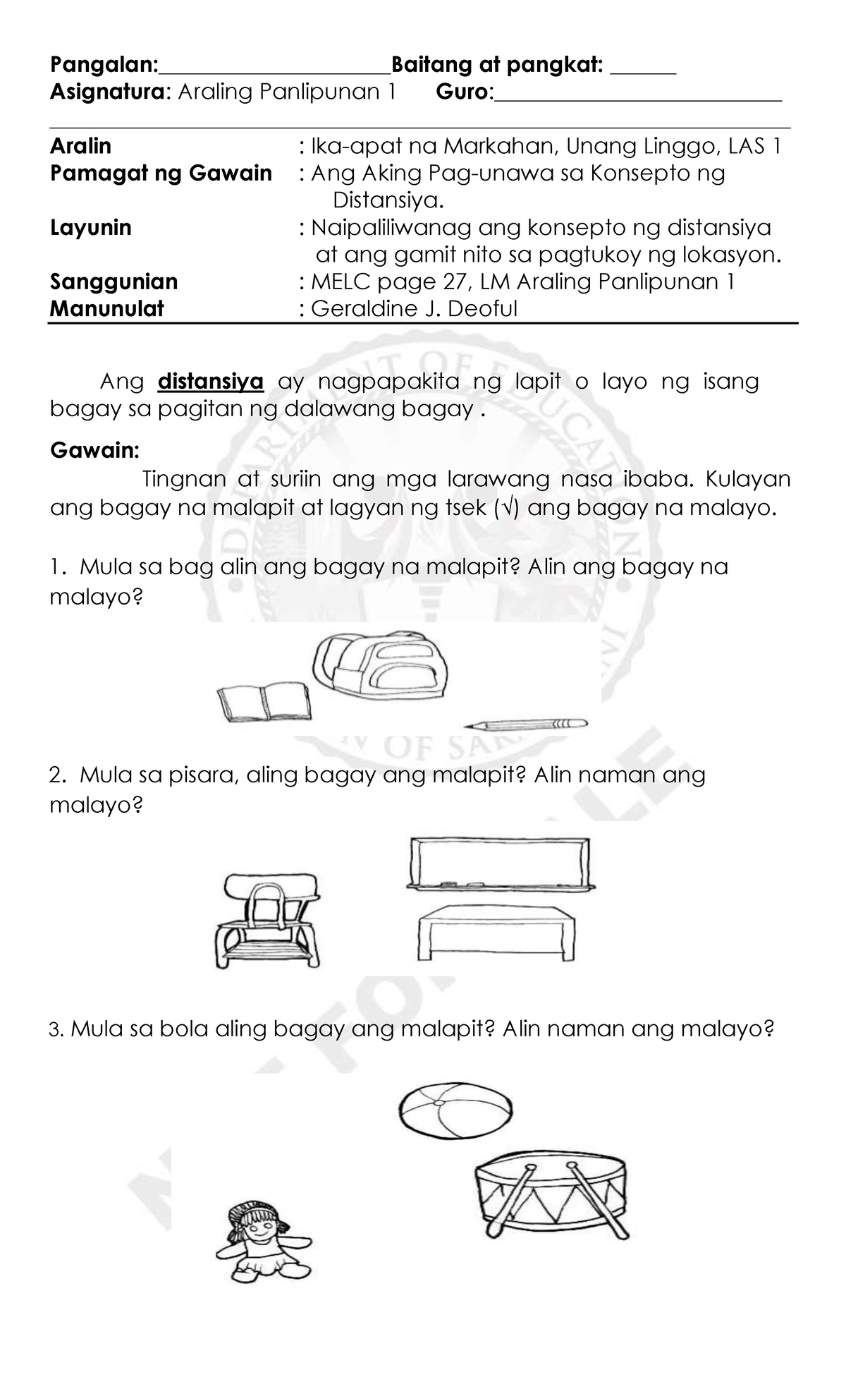 AP1 Q4 W1 LAS 1 - LEARNING MODULE - Pangalan:Baitang at pangkat: ______ Asignatura: Araling ...