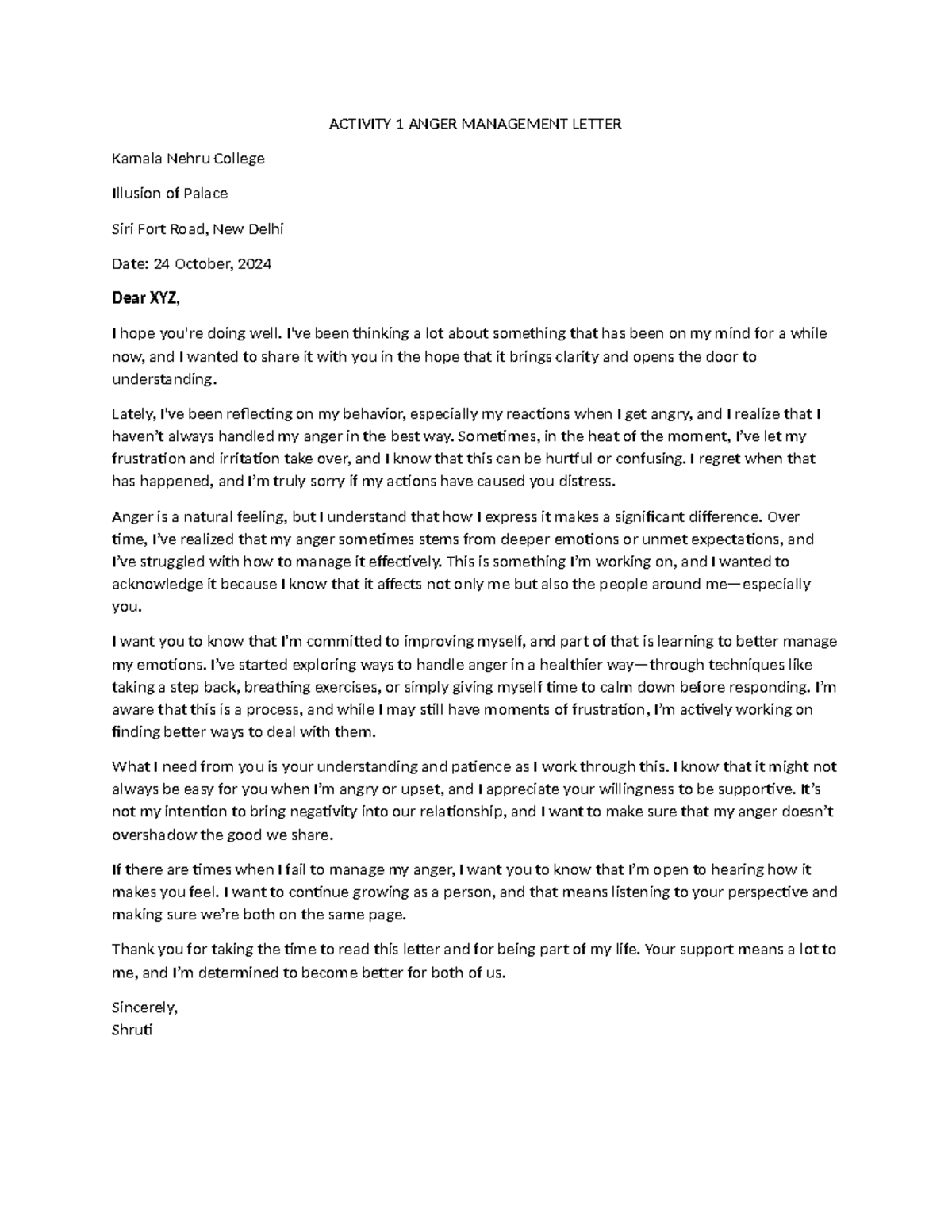 Vac activities - kyhh - ACTIVITY 1 ANGER MANAGEMENT LETTER Kamala Nehru ...