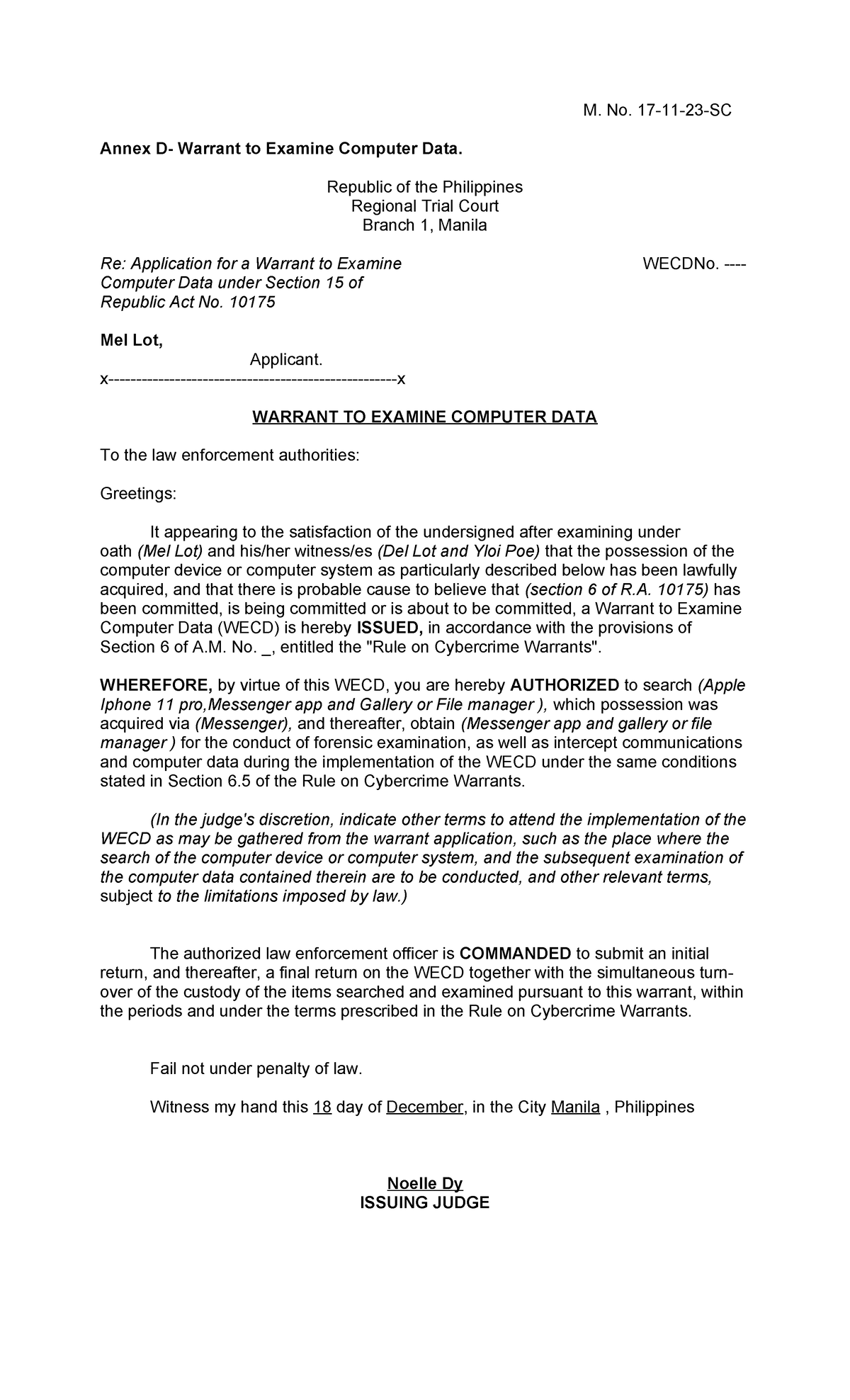 WDCD-Mel Lot - NEEDED - M. No. 17-11-23-SC Annex D- Warrant to Examine ...