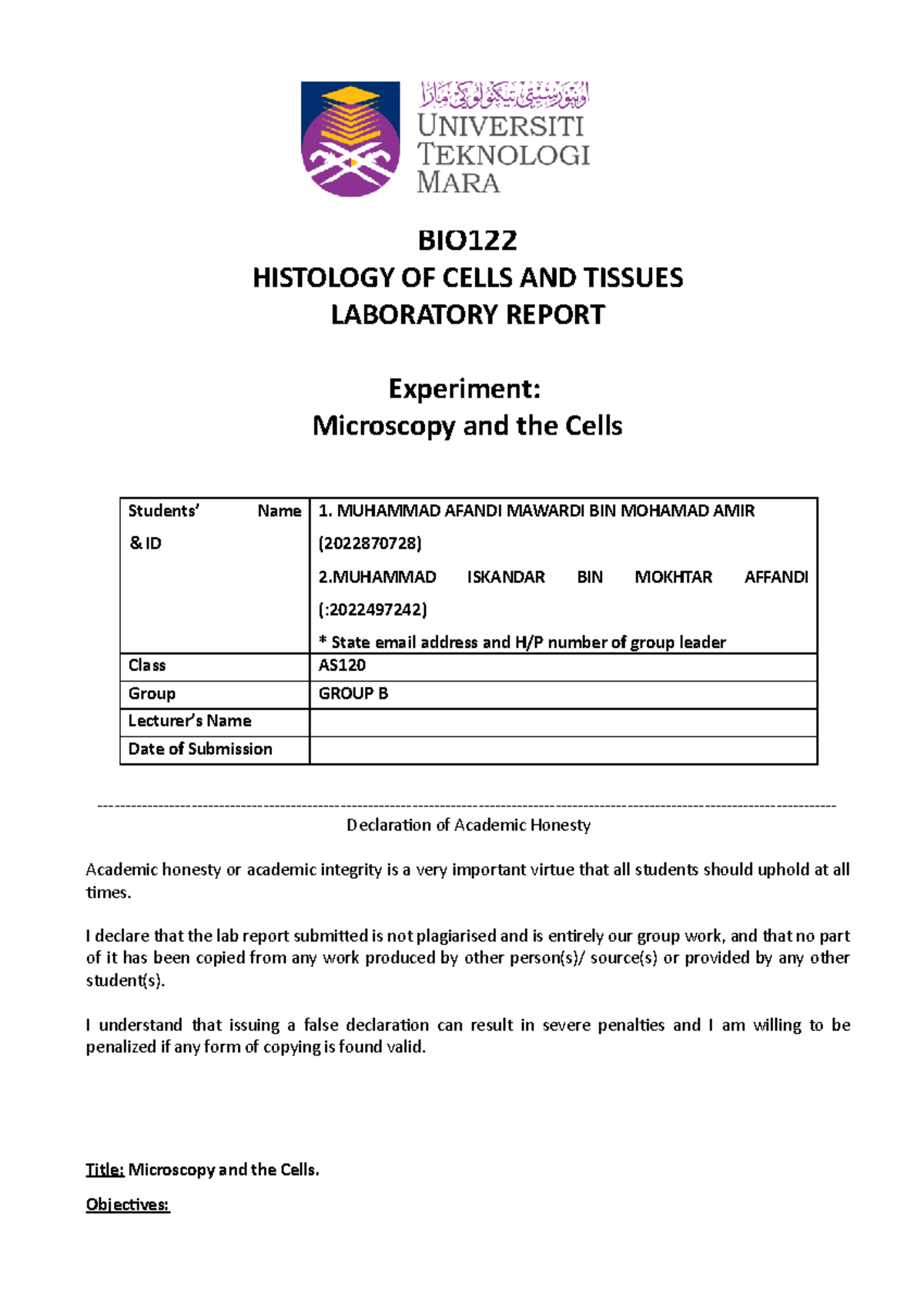 LAB Report BIO122 - BIO HISTOLOGY OF CELLS AND TISSUES LABORATORY ...