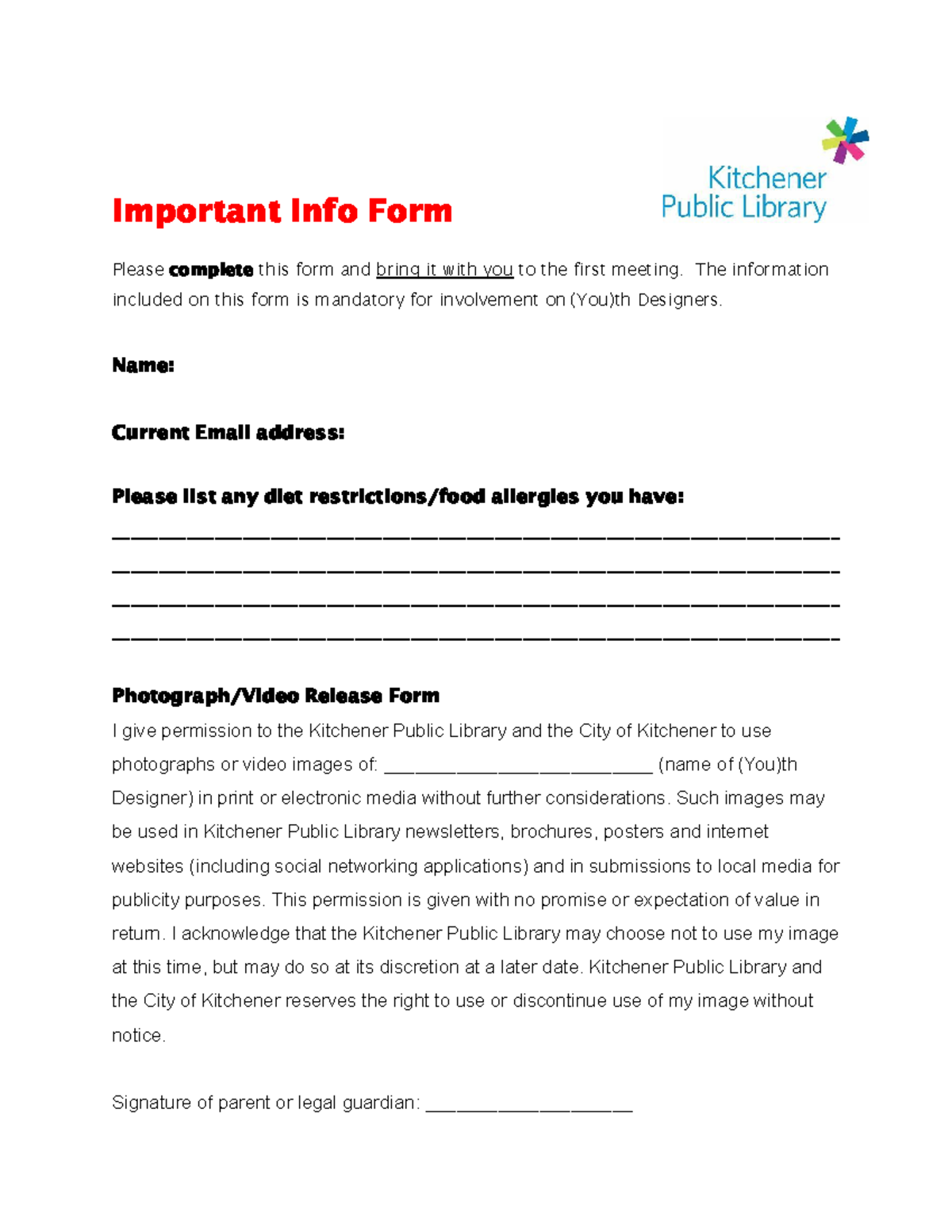 (You)th Designers Important Info Form - Important Info Form Please ...