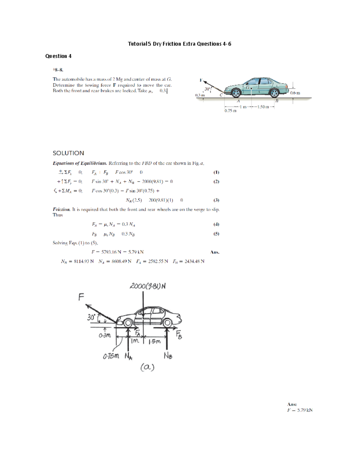 Tut5 Extra Questions 4-6 & Solutions - Tutorial 5 Dry Friction Extra Questions 4‐6 Question 4 ...