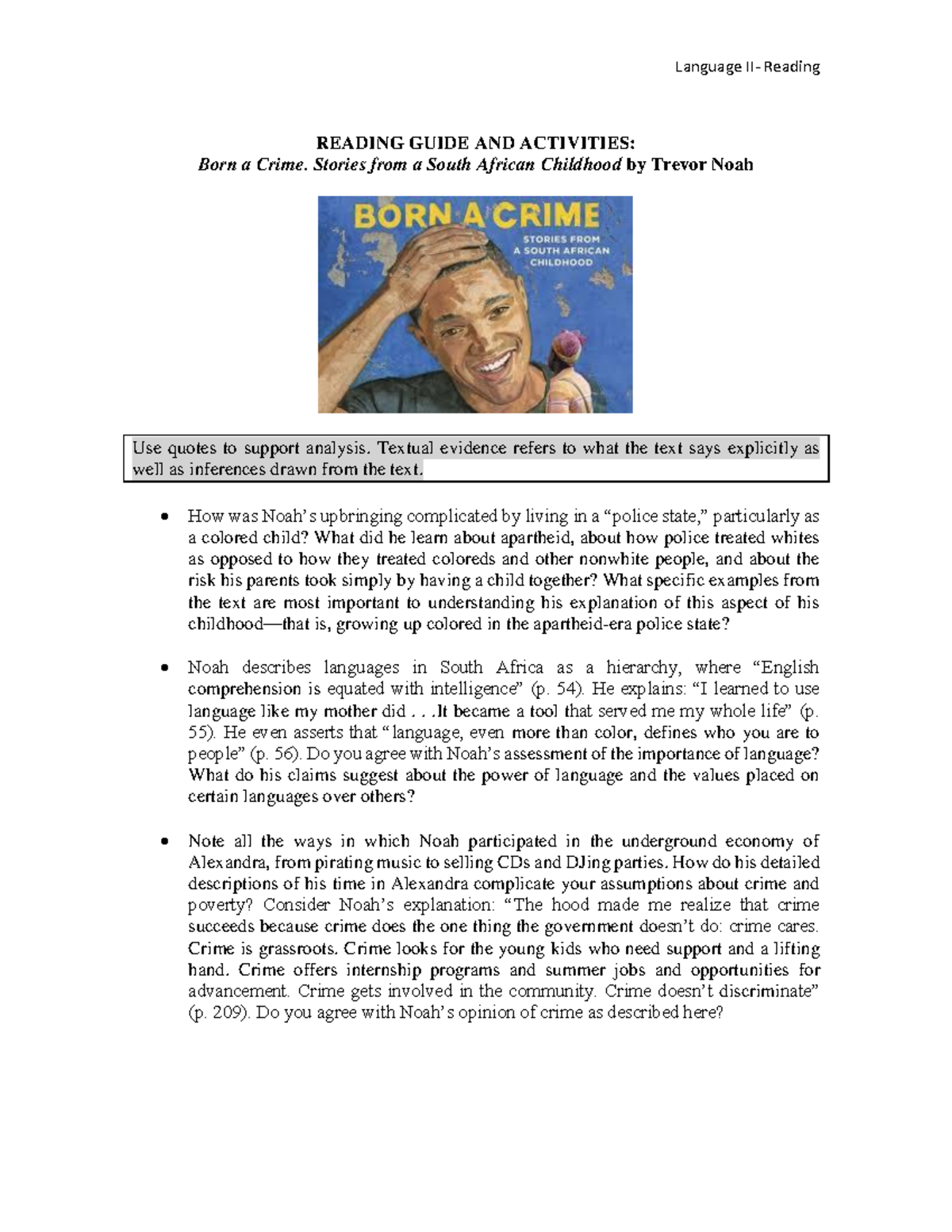 Born a Crime reading guide - Language II- Reading READING GUIDE AND ...
