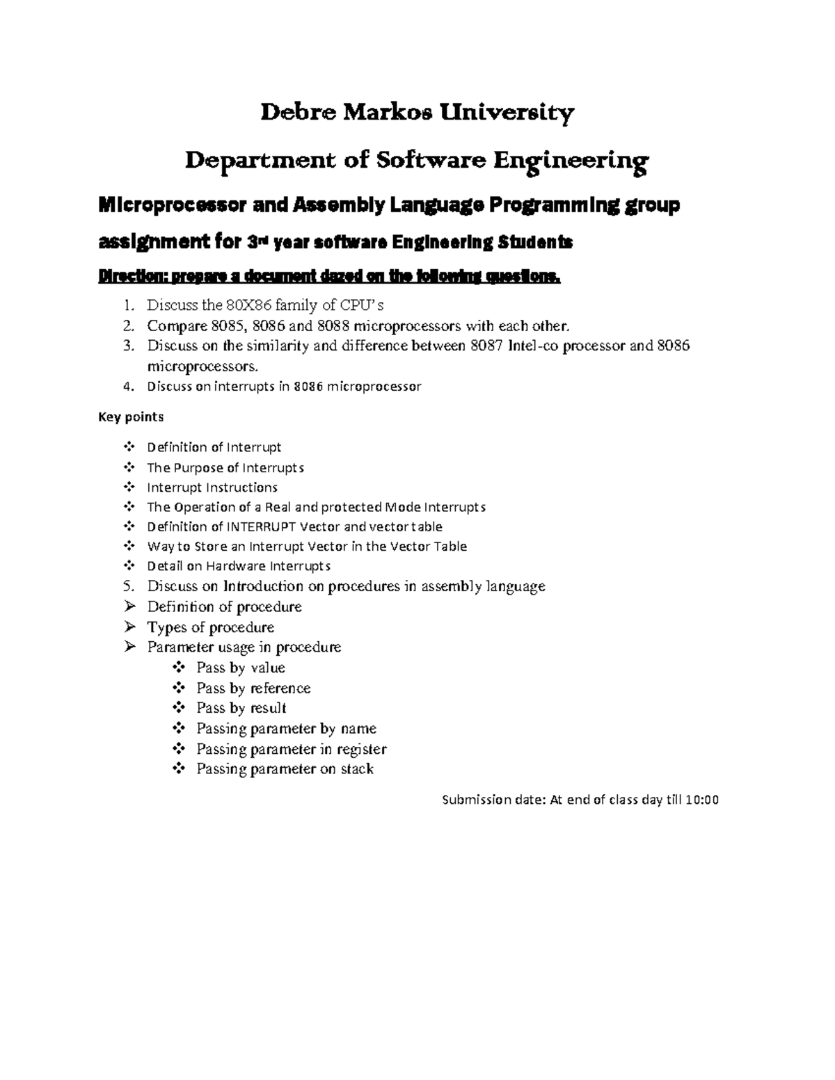 Micro assignment - Debre Markos University Department of Software Engineering Microprocessor and ...