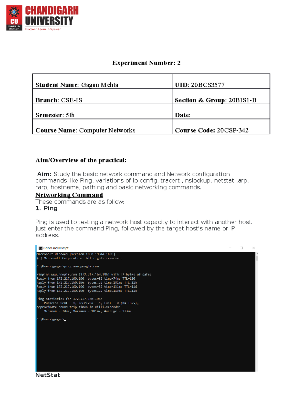 Computer Networks EXP 2 - Experiment Number: 2 Student Name: Gagan ...