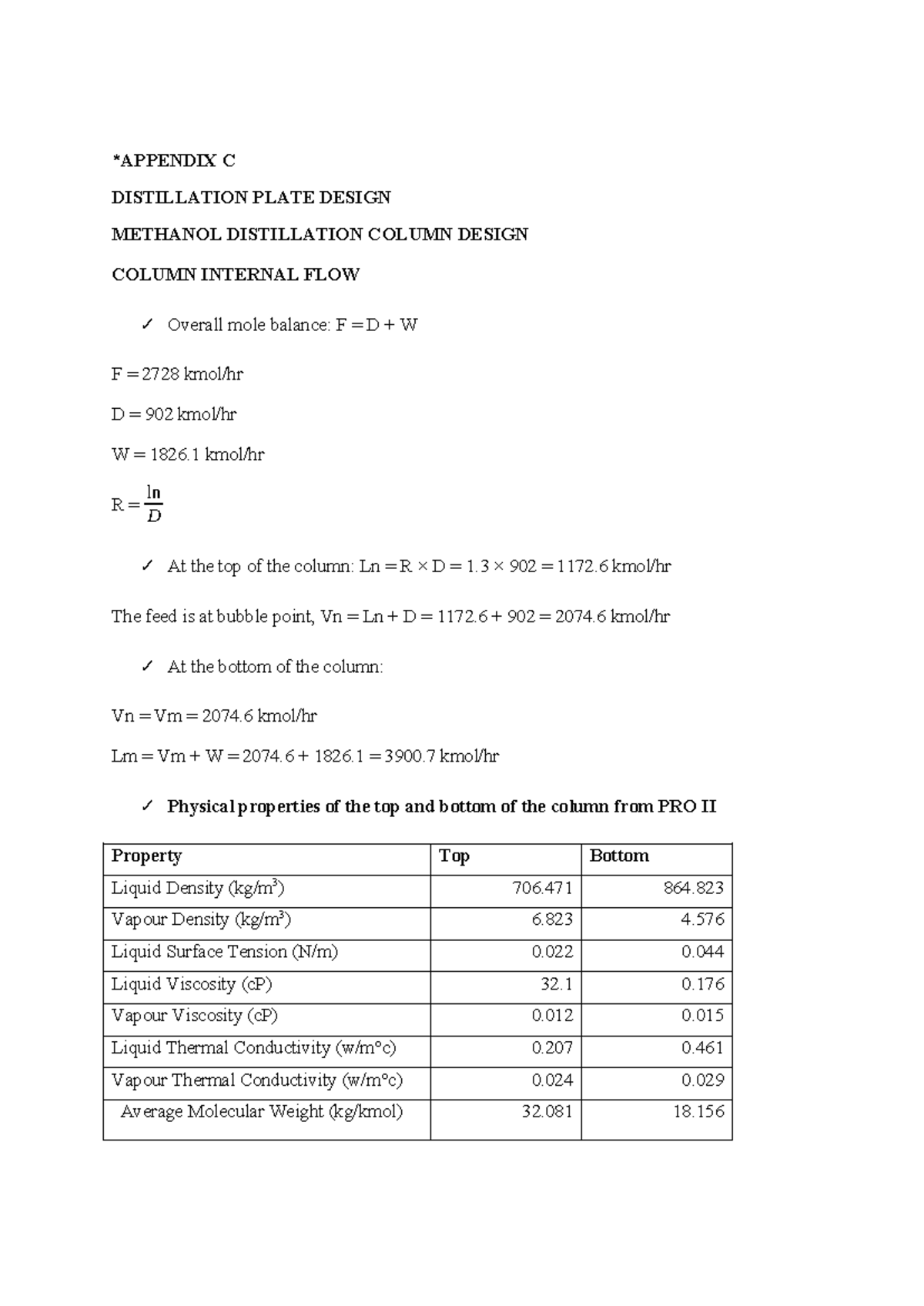 Appendix calculations - *APPENDIX C DISTILLATION PLATE DESIGN METHANOL ...