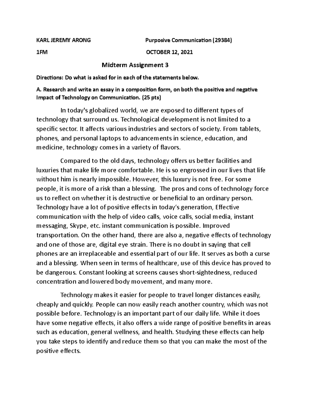 Purposive Communication ( Arong) Midterm ASS. #3 - KARL JEREMY ARONG ...