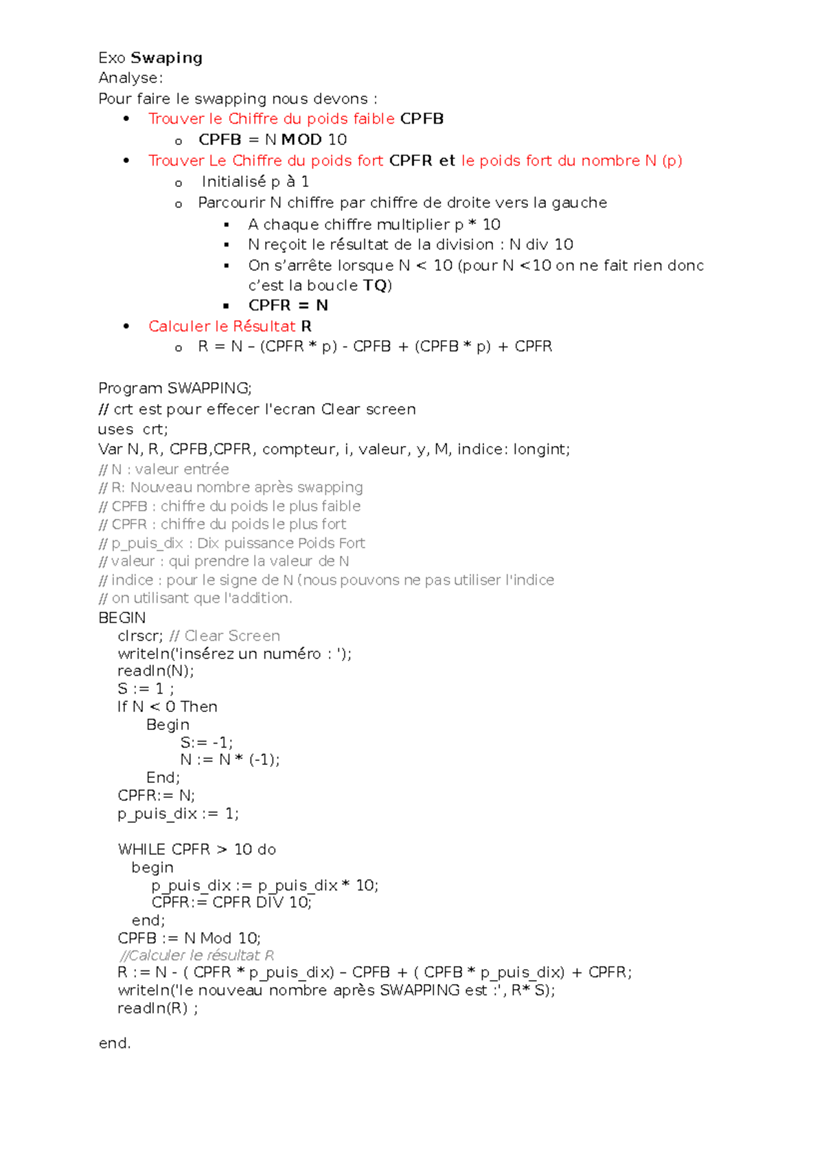 Solution EXo 16 série 2 - Exo Swaping Analyse: Pour faire le swapping nous devons : Trouver le ...