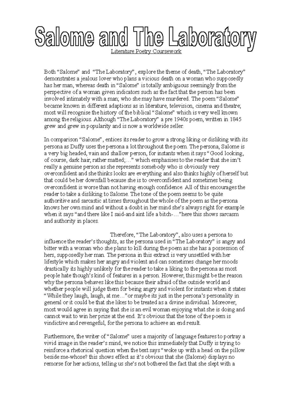 Salome and The Laboratory - Literature Poetry Coursework Both “Salome ...