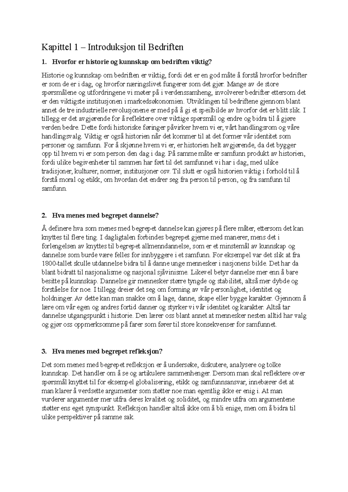 Kortsvar-1-11 - Sammendrag Bedriften - Kapittel 1 – Introduksjon til Bedriften Hvorfor er ...