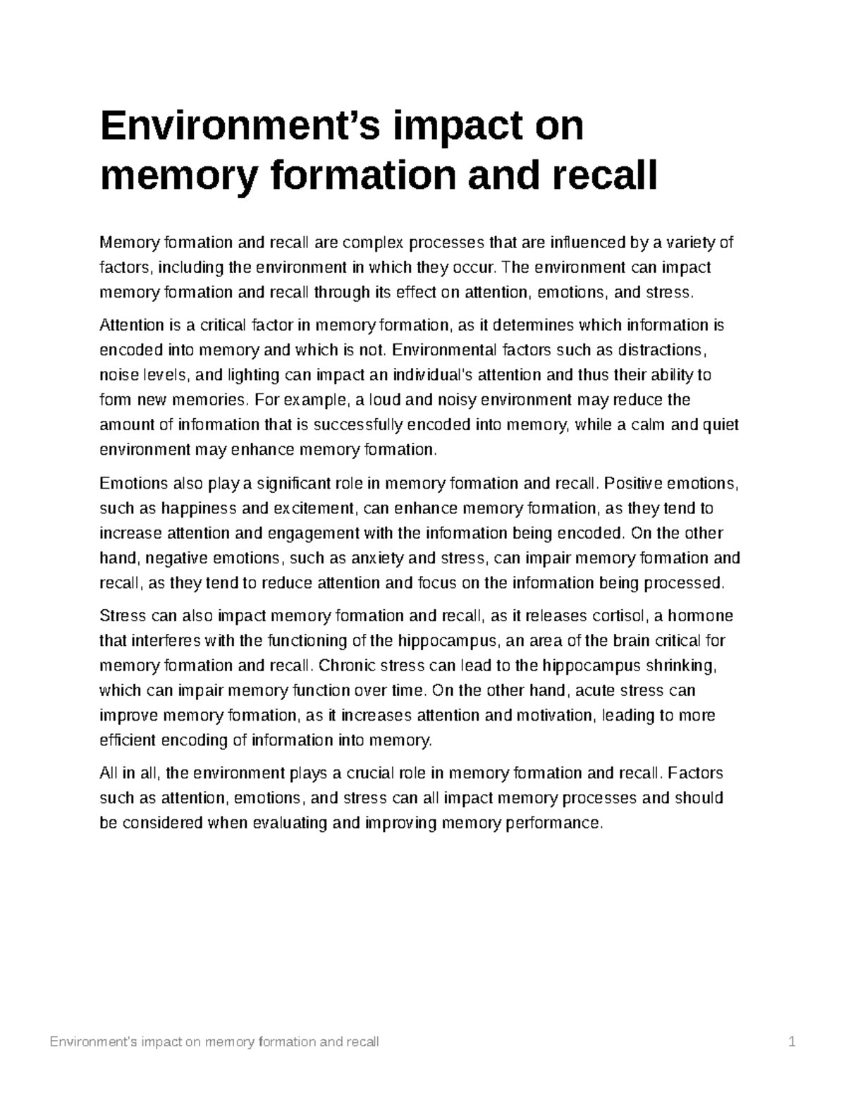 Environments impact on memory formation and recall - The environment ...
