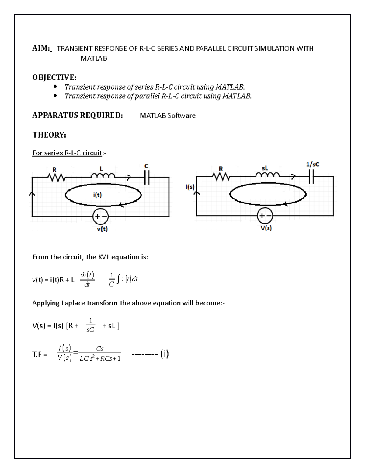 RLC series circuit - AIM: TRANSIENT RESPONSE OF R-L-C SERIES AND ...