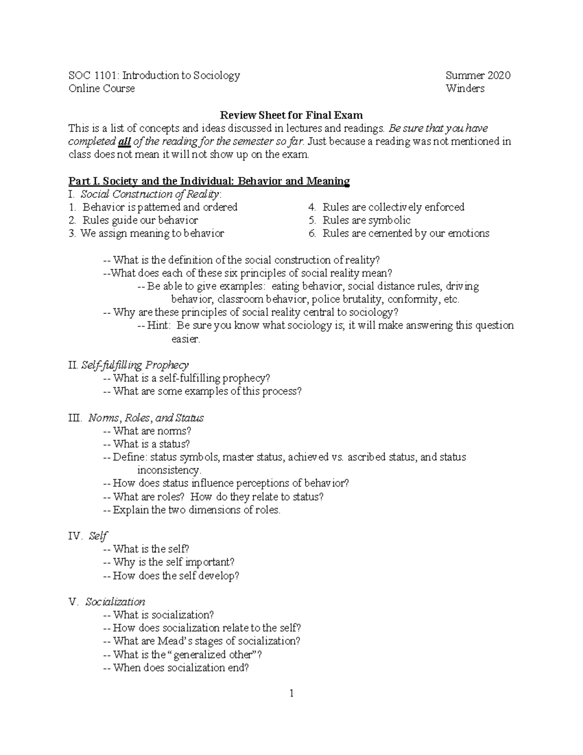 Final Exam Study Guide - SOC 1101: Introduction to Sociology Summer ...