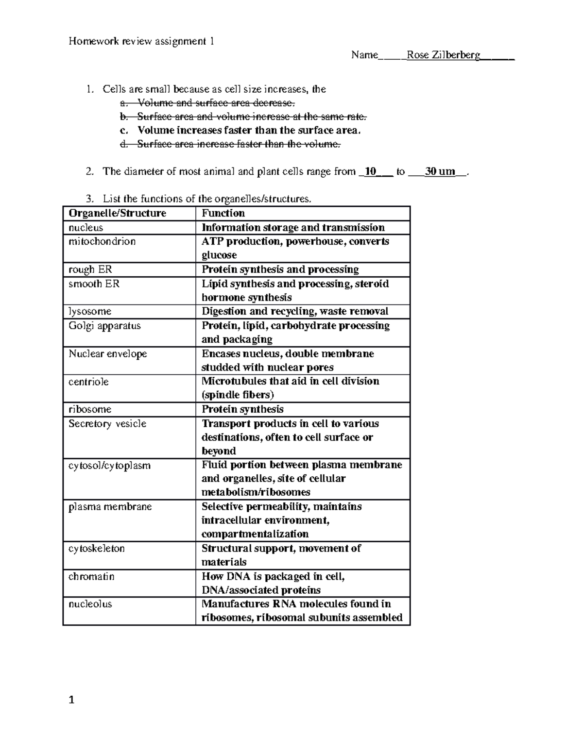 Homework review assignment 1 cell bio - Name_____Rose Zilberberg ...