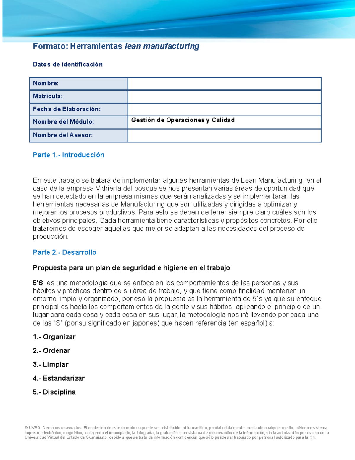 EA2 Lean Manufacturing - Formato: Herramientas lean manufacturing Datos ...