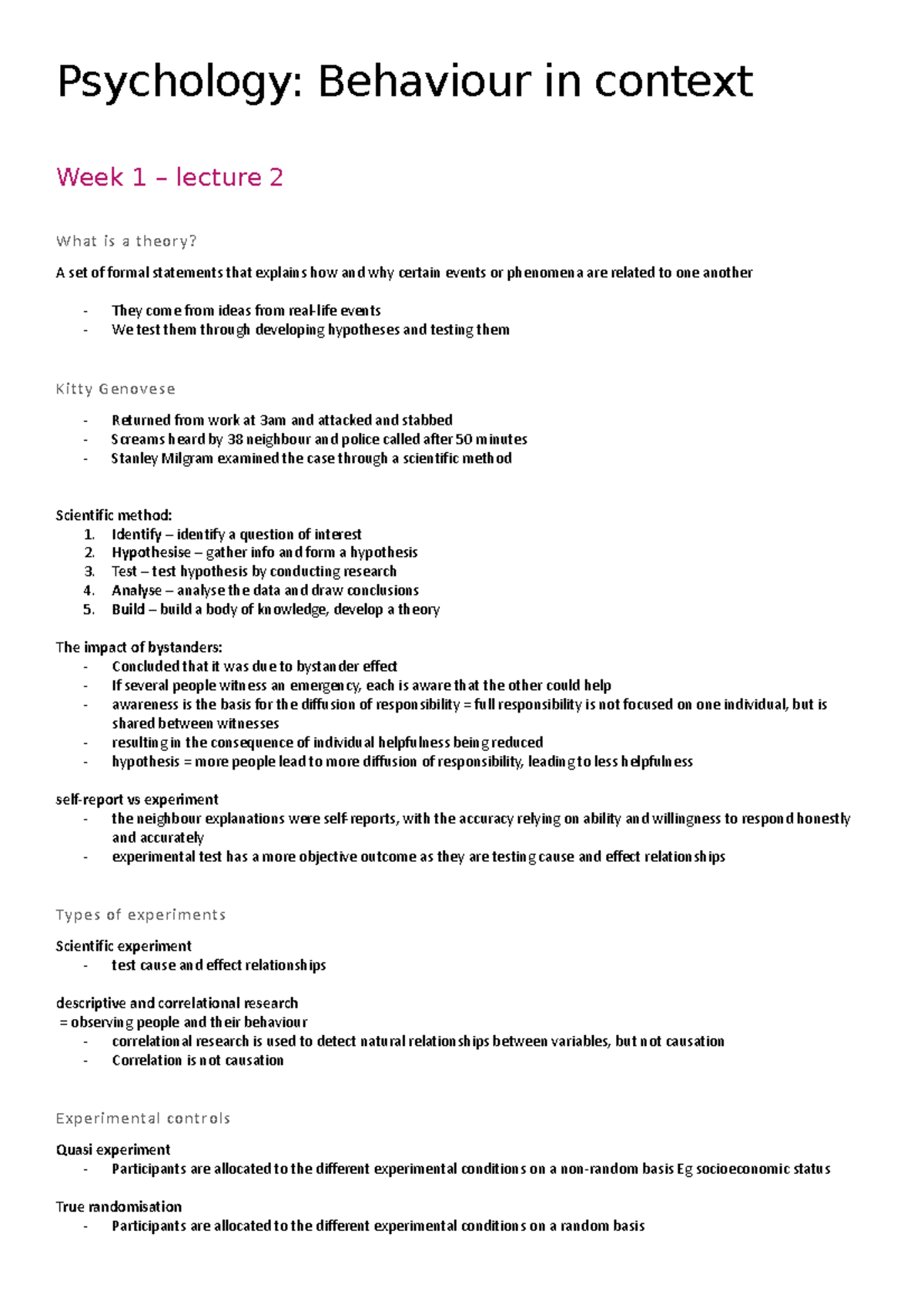 Behaviour in context week 1-6 - Psychology: Behaviour in context Week 1 ...