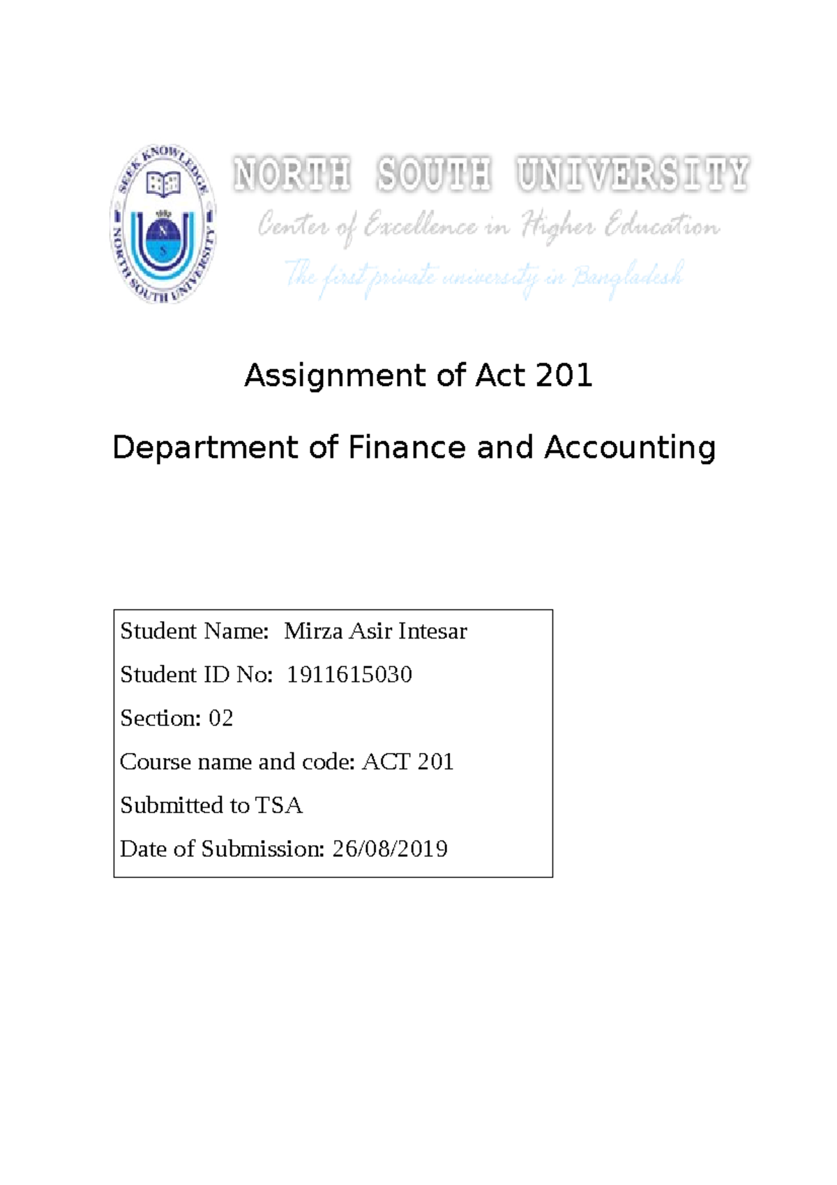 Act 201 assignment.docx - Assignment of Act 201 Department of Finance ...