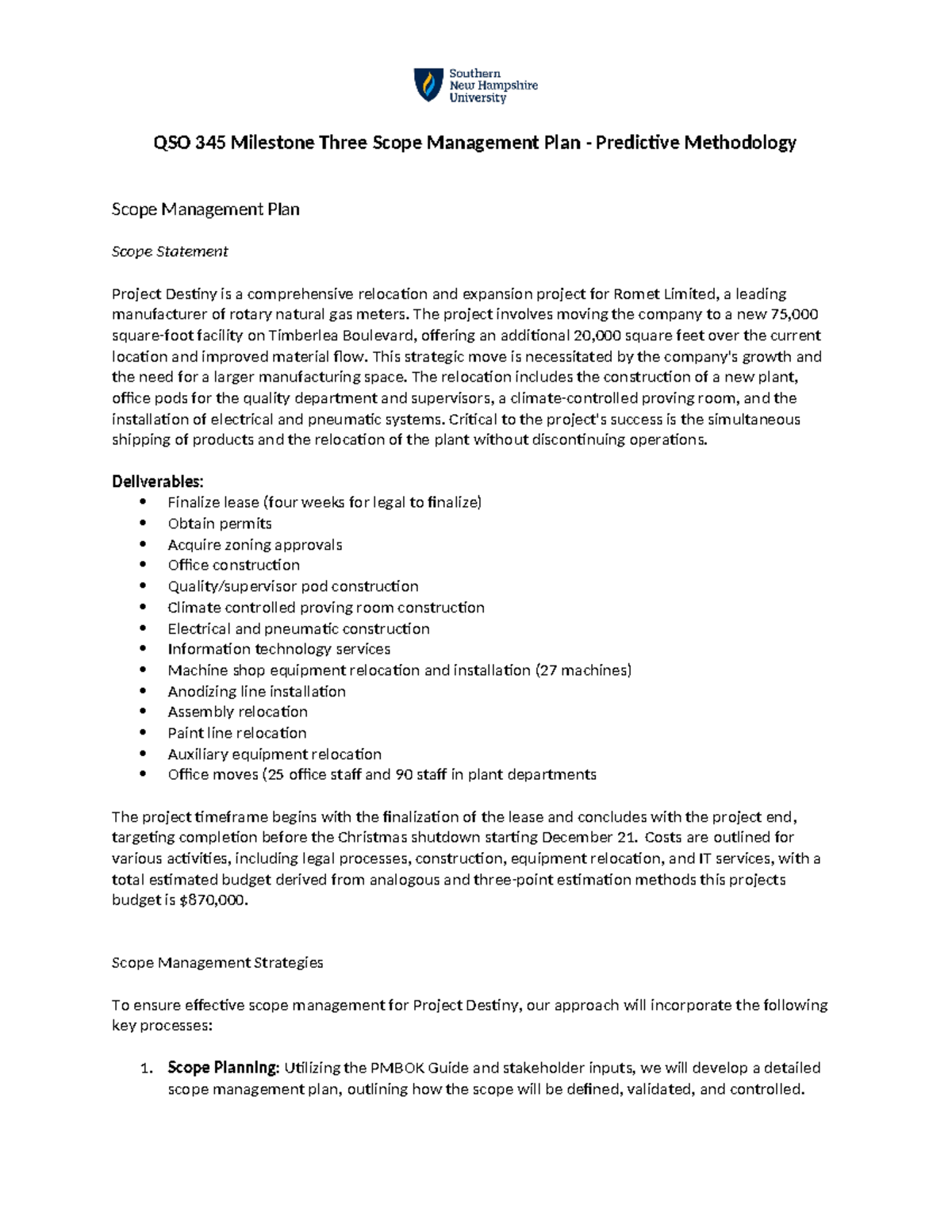 QSO 345 Milestone Three Scope Management Plan Template - Predictive ...