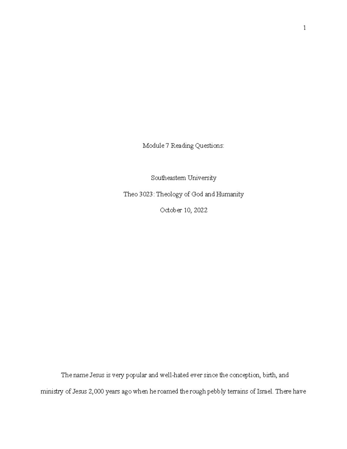 Module 7 Reading Questions - Module 7 Reading Questions: Southeastern University Theo 3023 ...