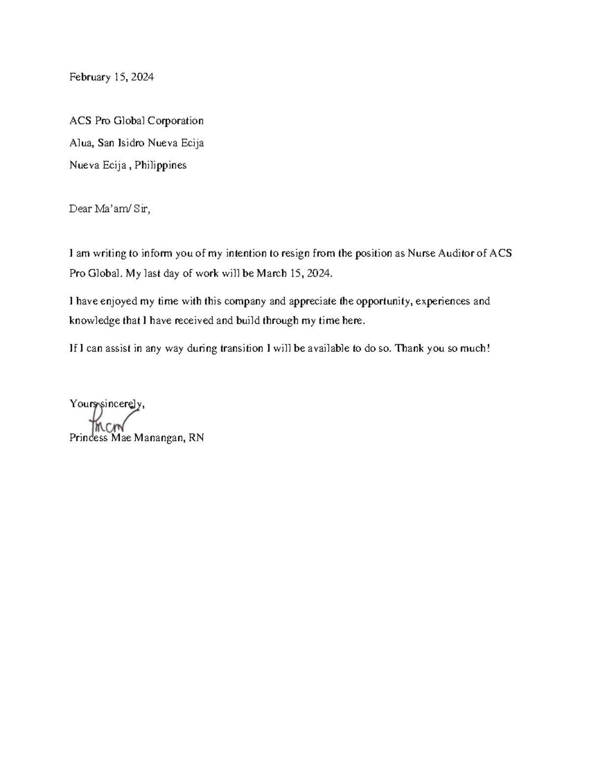 Resignation Letter Princess Manangan - February 15, 2024 ACS Pro Global ...