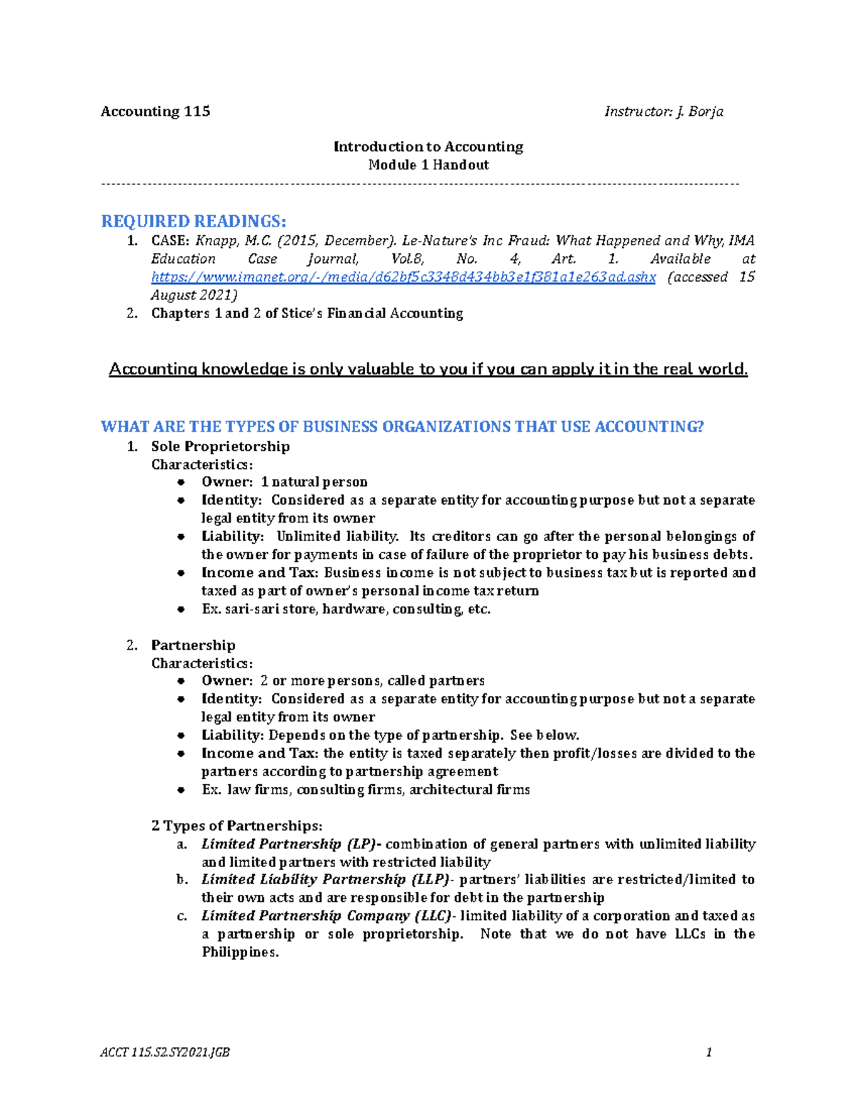 Handout - Module 1- Introduction to Accounting 2 - Accounting 115 ...