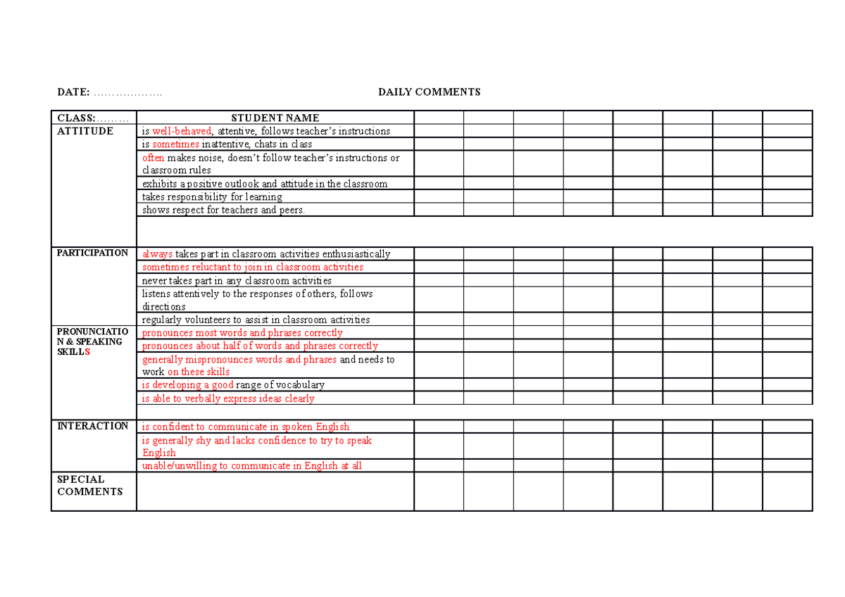 Daily Comments - fsfsdfwefwe - DATE: ................... DAILY COMMENTS ...