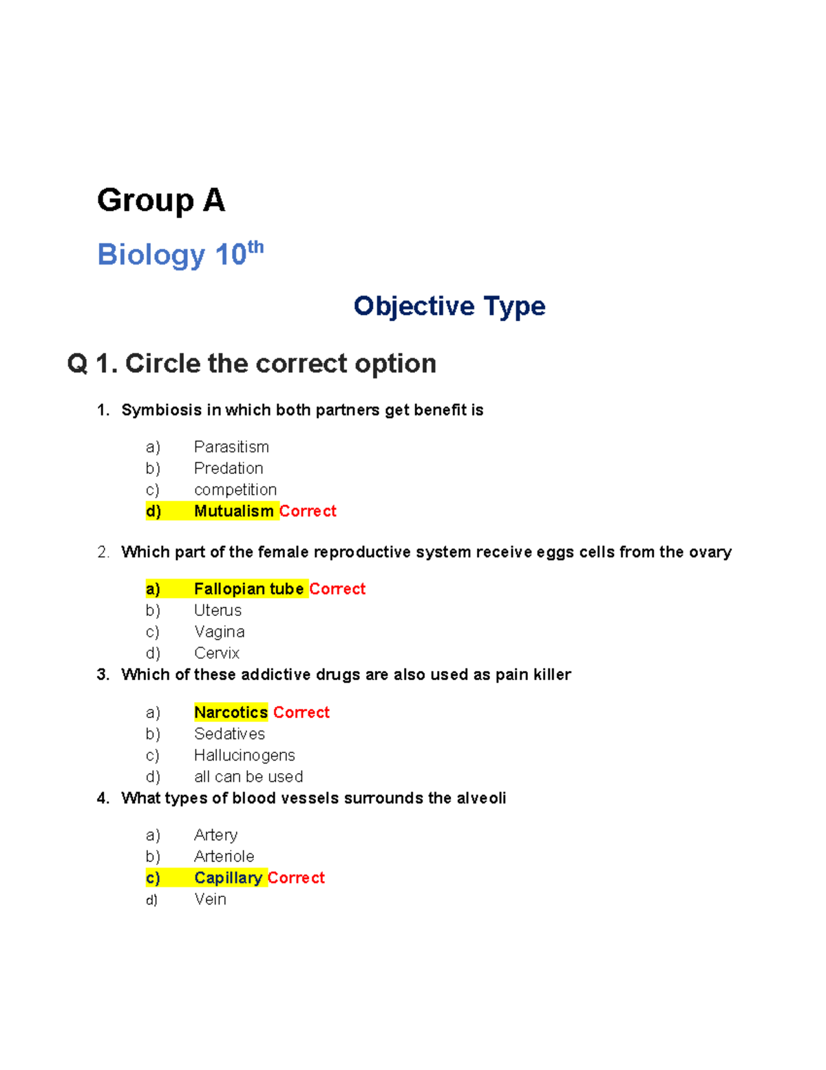 Biology 10th Final Assessment 2021 - Group A Biology 10 th Objective Type Q 1. Circle the ...