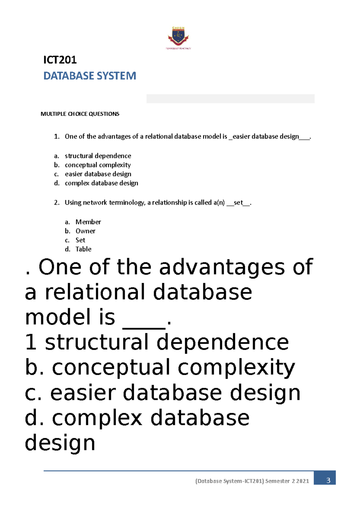 Week 2 tutorial work assesment 3 - ICT DATABASE SYSTEM MULTIPLE CHOICE ...