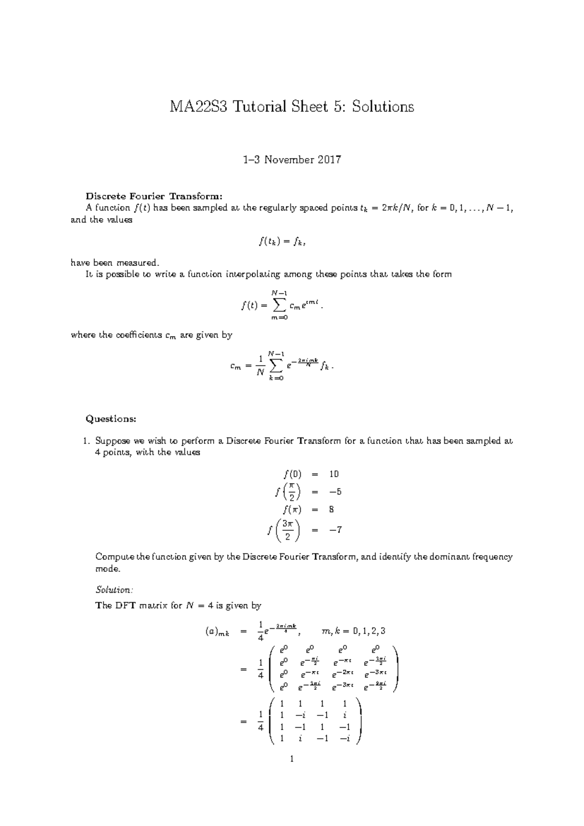 MA22S3 2017-2018 Problem Sheet 5 - Solutions - MA22S3 Tutorial Sheet 5: Solutions 1–3 November ...