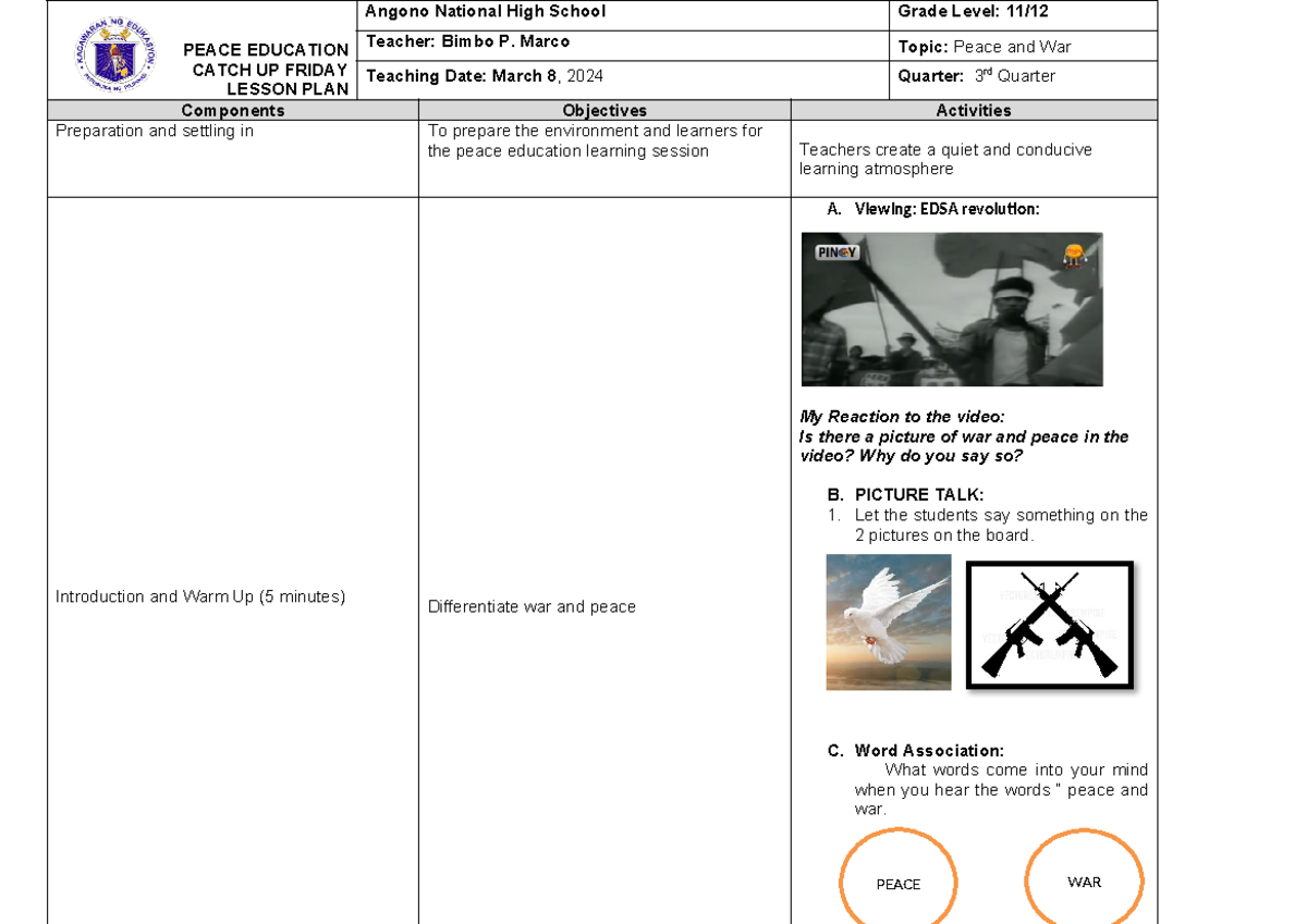 G12 CUF Peace EDUC - PEACE EDUCATION CATCH UP FRIDAY LESSON PLAN Angono ...